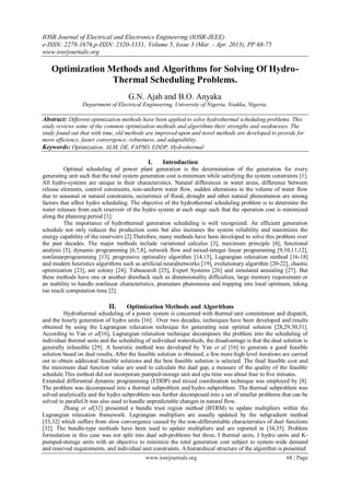 Optimization Methods and Algorithms for Solving Of Hydro- Thermal Scheduling Problems | PDF