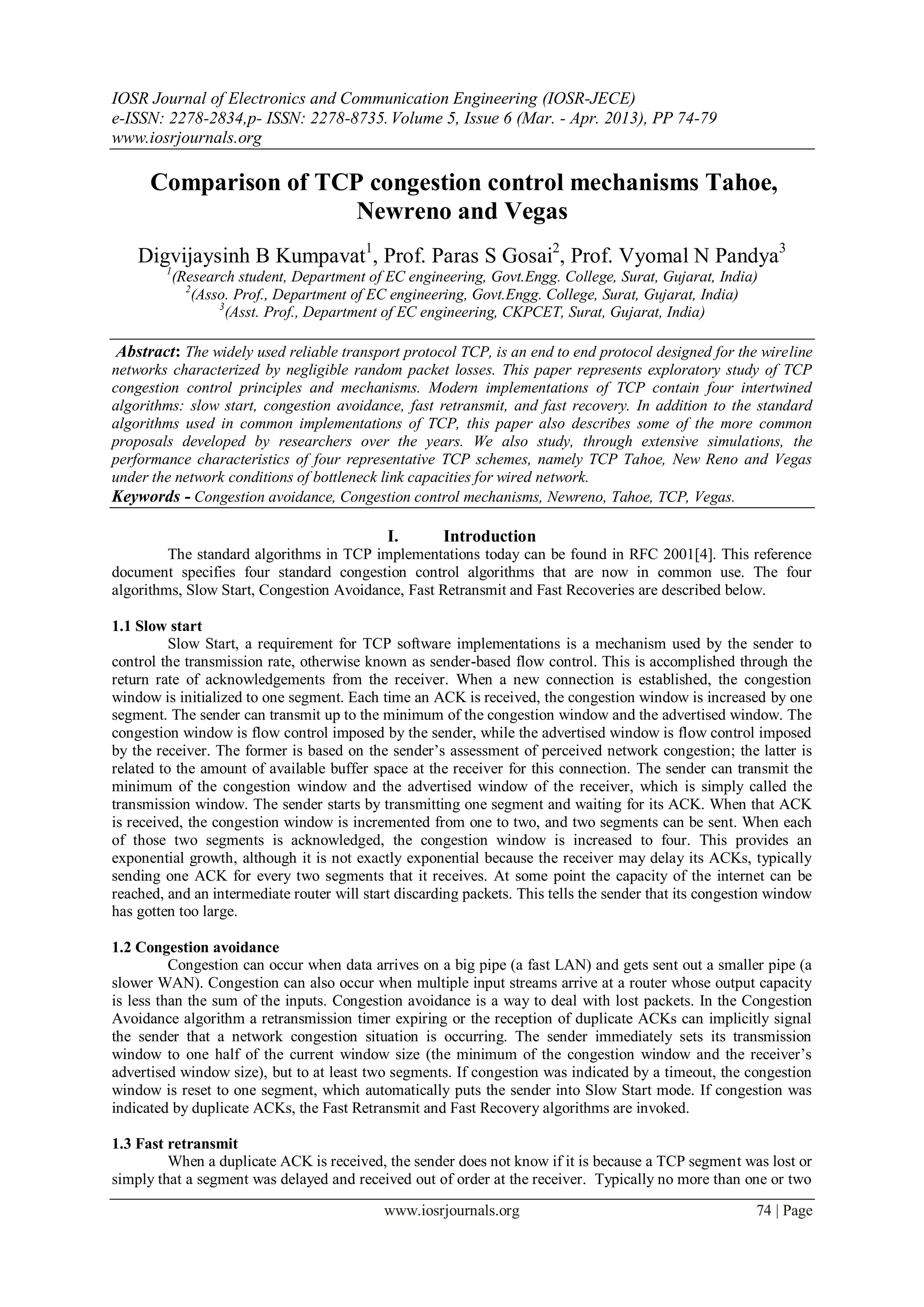 Comparison of TCP congestion control mechanisms Tahoe, Newreno and Vegas | PDF