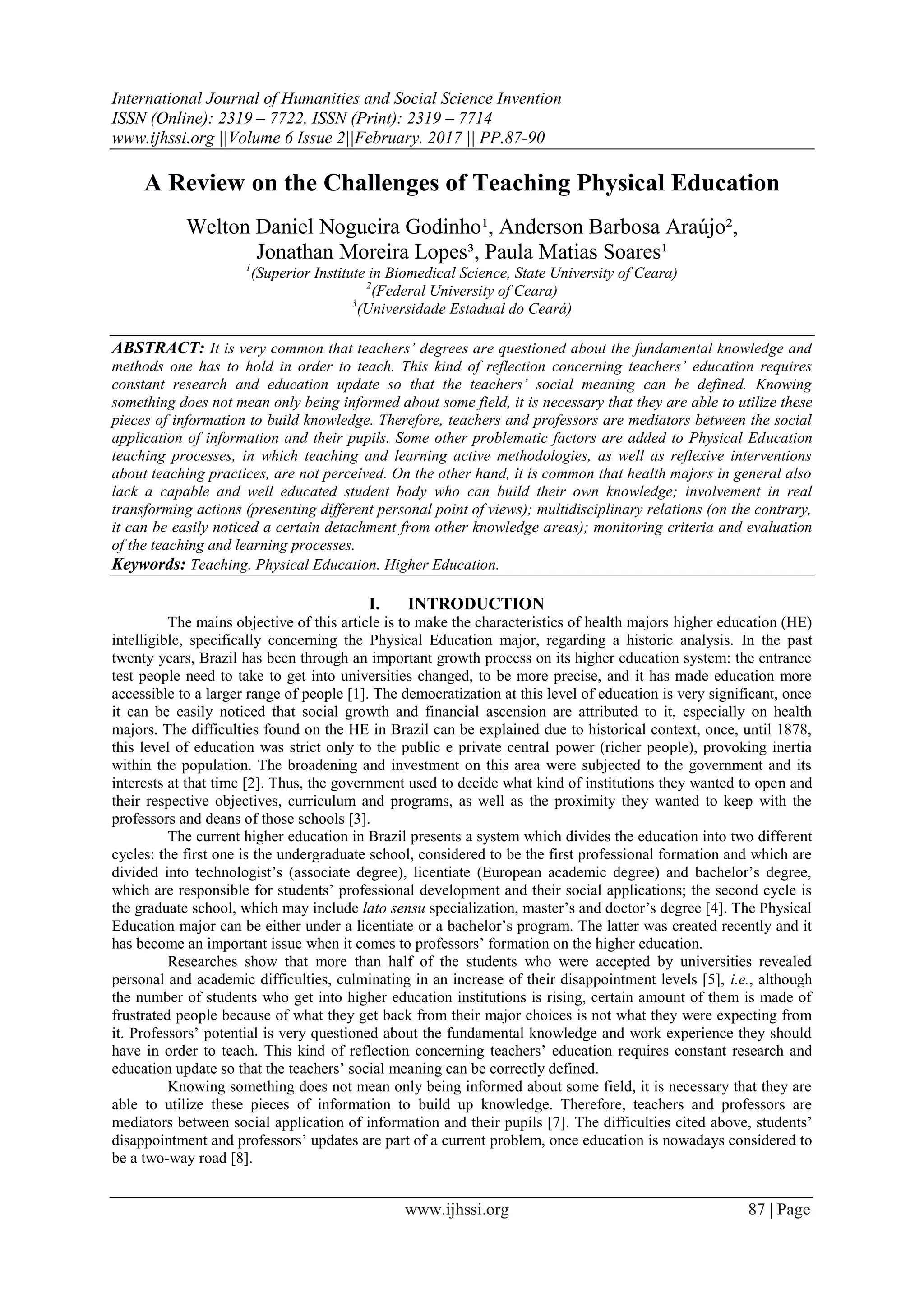 A Review on the Challenges of Teaching Physical Education | PDF
