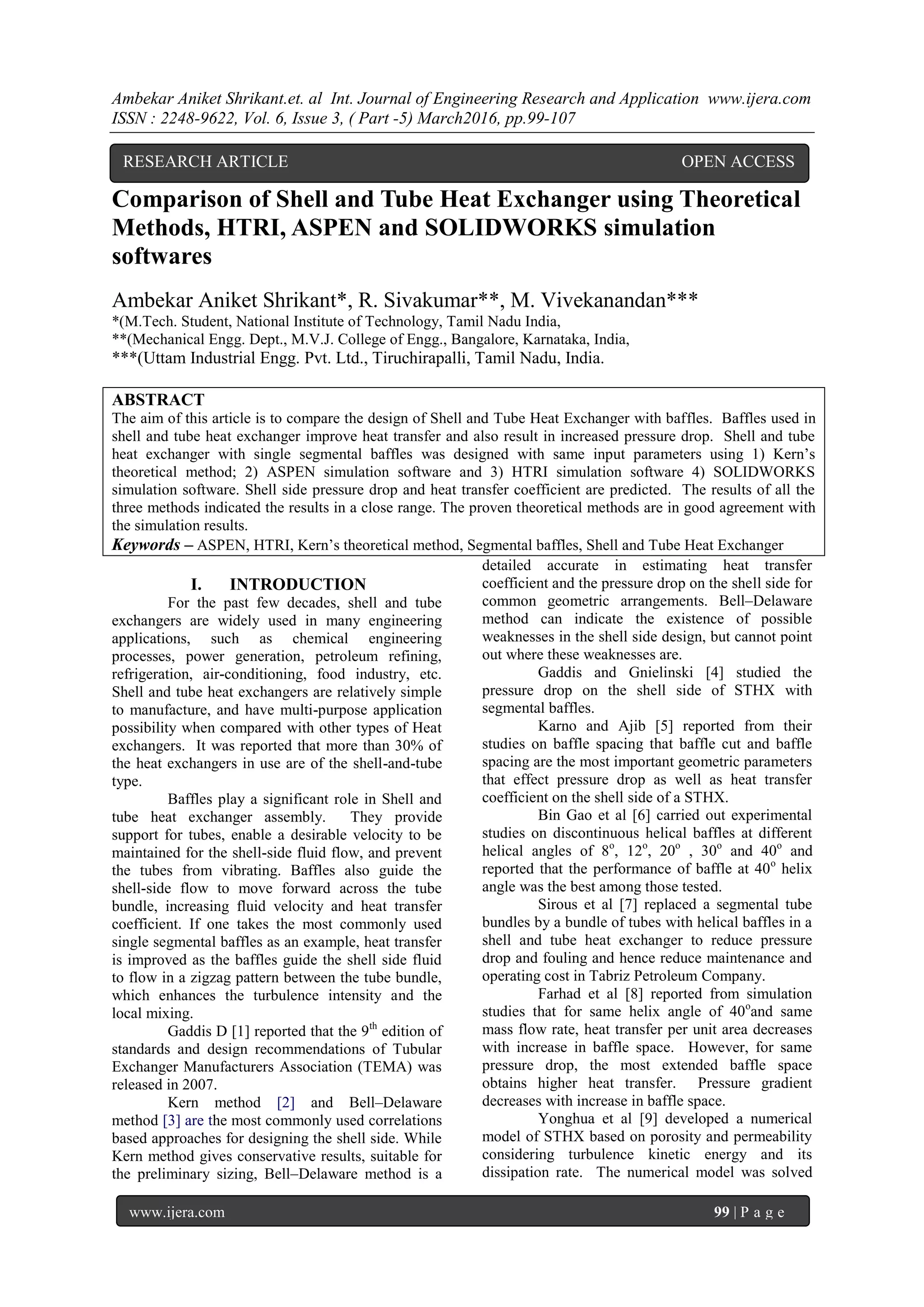 Comparison of Shell and Tube Heat Exchanger using Theoretical Methods, HTRI, ASPEN and ...