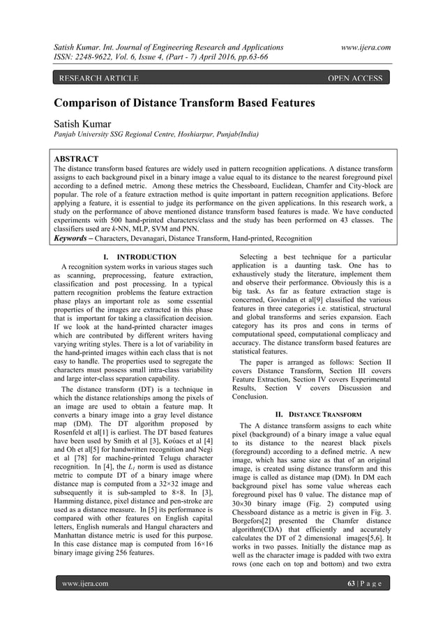 Comparison of Distance Transform Based Features | PDF