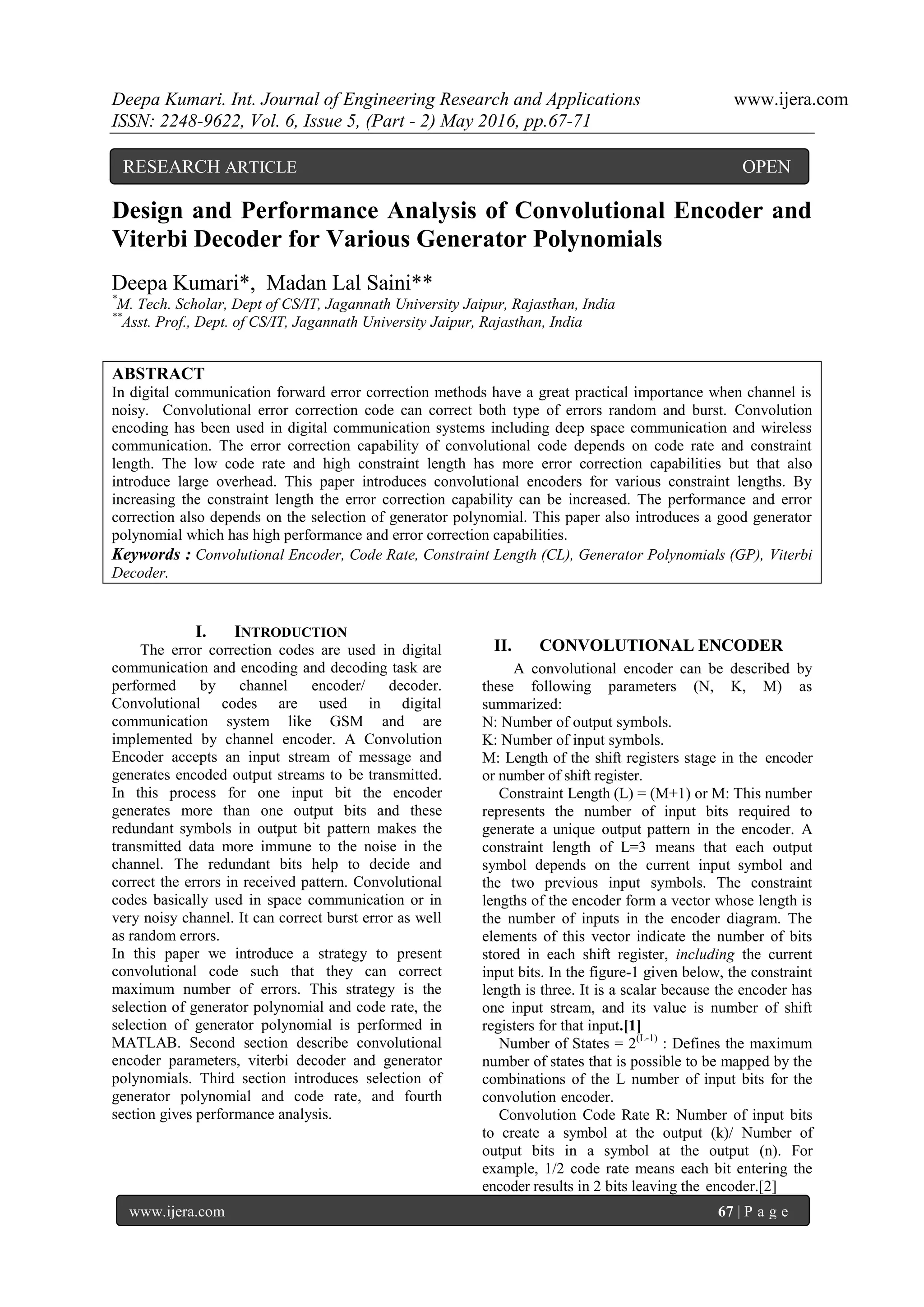 Design And Performance Analysis Of Convolutional Encoder And Viterbi