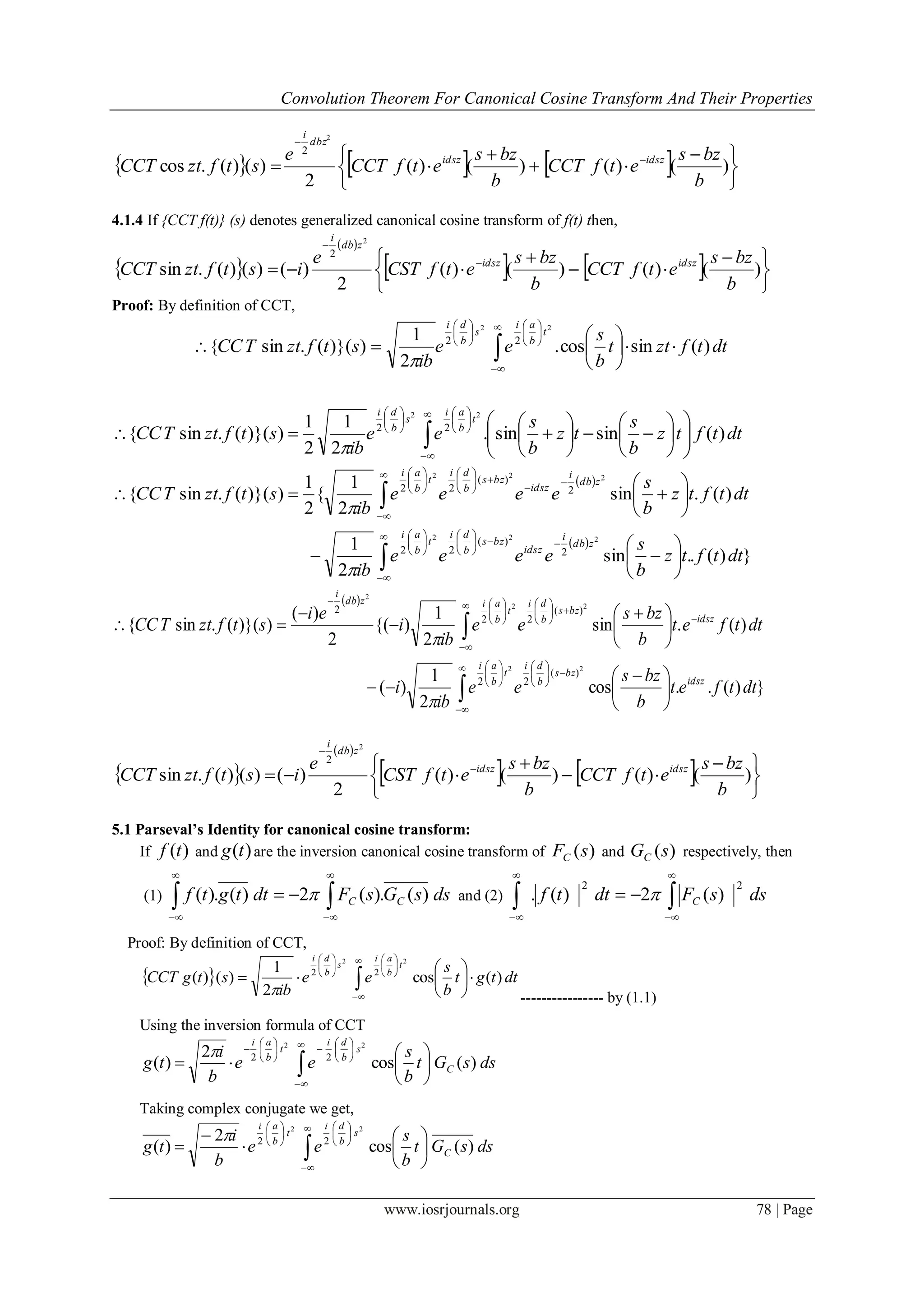 Convolution Theorem for Canonical Cosine Transform and Their Properties | PDF