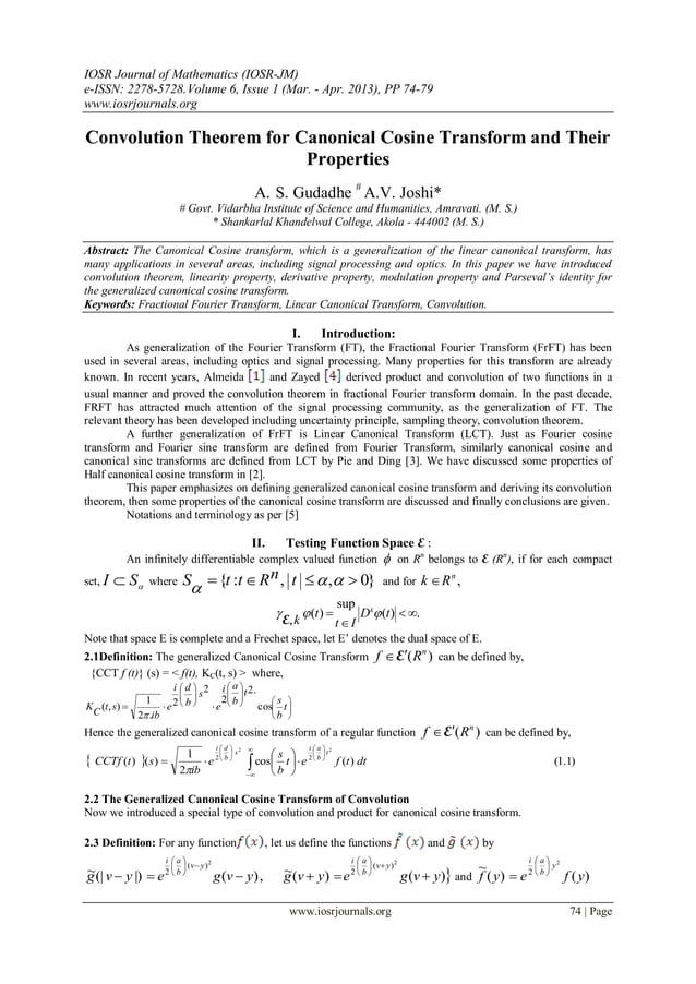 Convolution Theorem for Canonical Cosine Transform and Their Properties | PDF