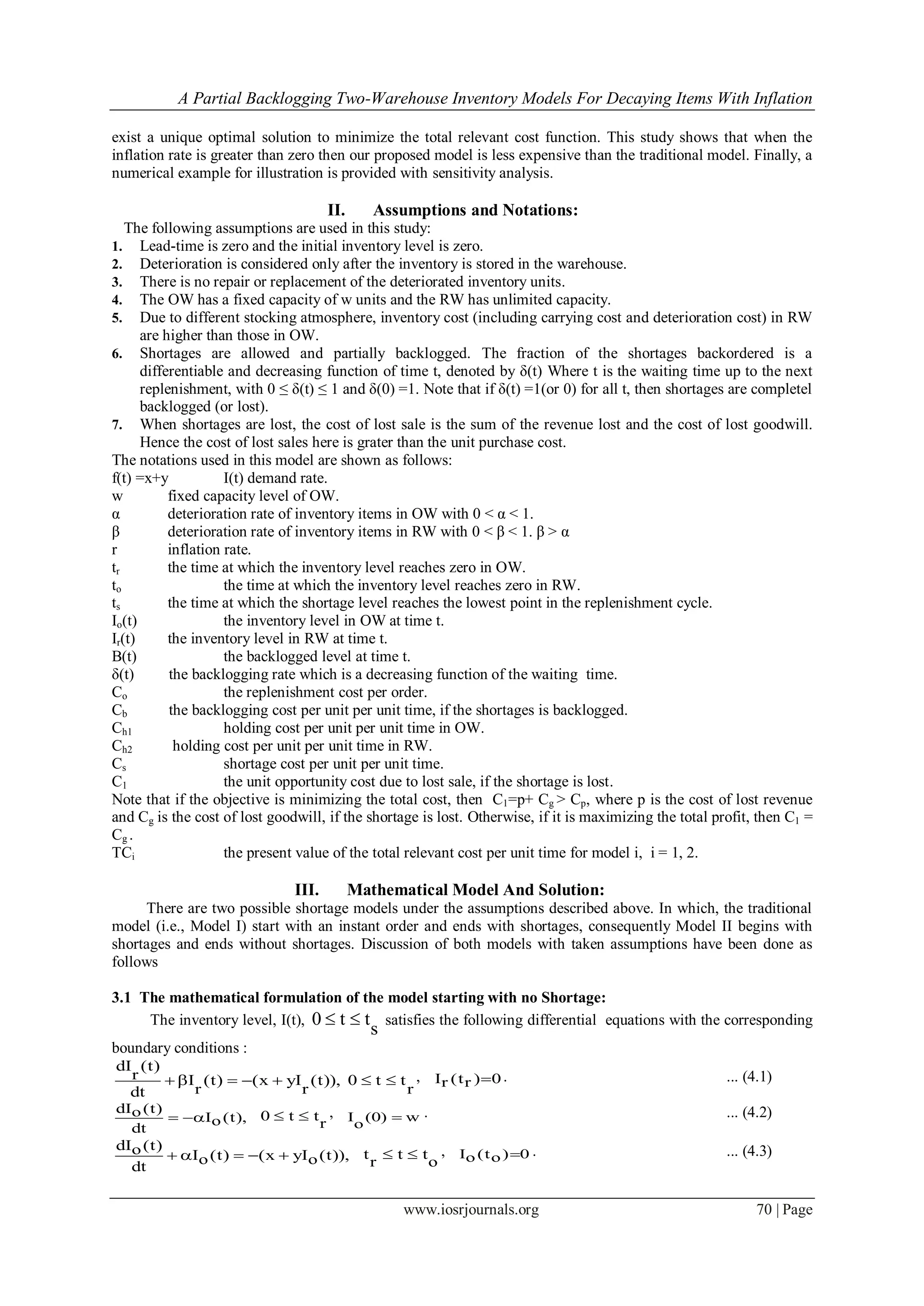 A Partial Backlogging Two-Warehouse Inventory Models for Decaying Items with Inflation | PDF