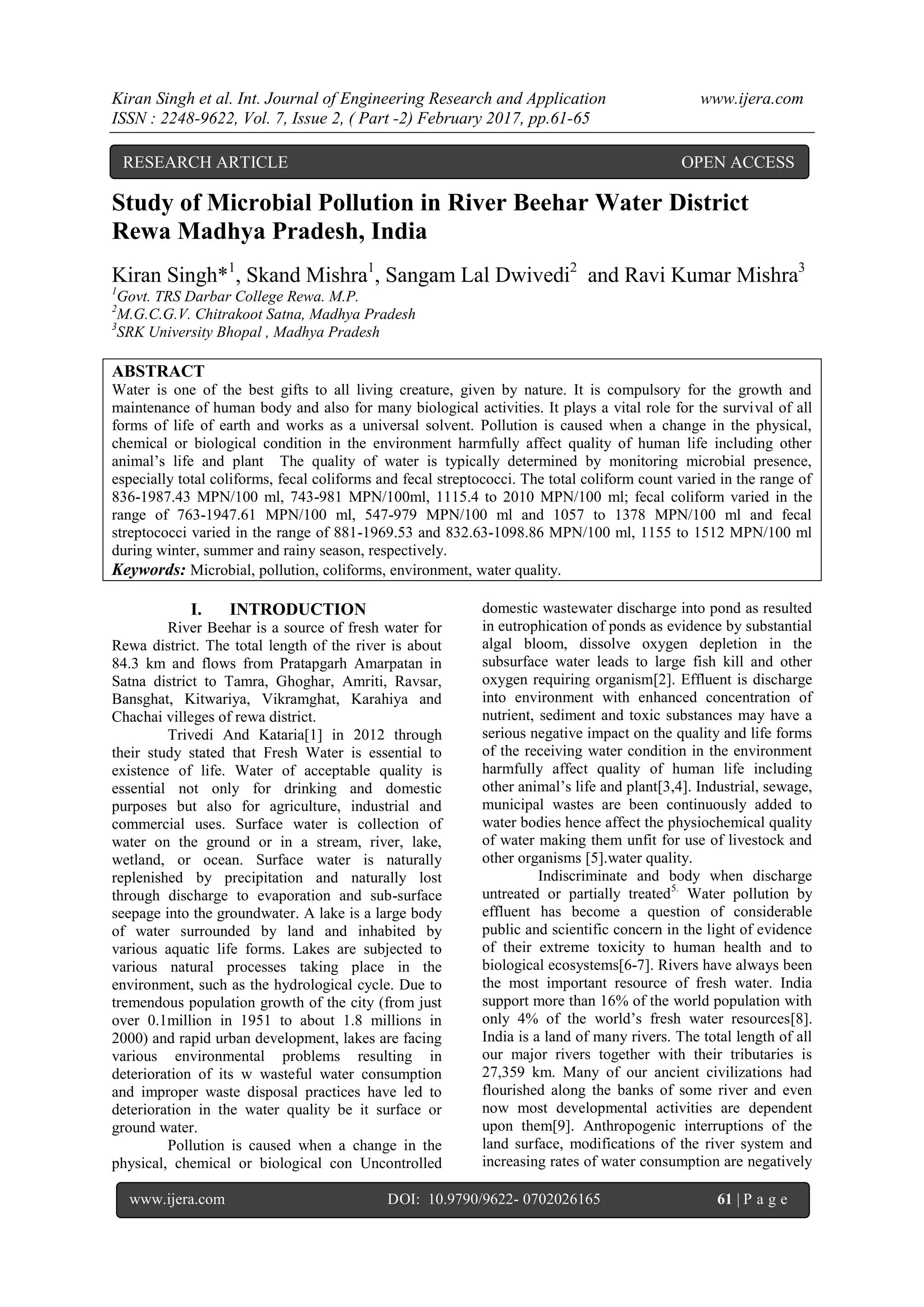 Study of Microbial Pollution in River Beehar Water District Rewa Madhya ...