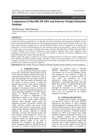 Comparison of Max100, SWARA and Pairwise Weight Elicitation Methods ...