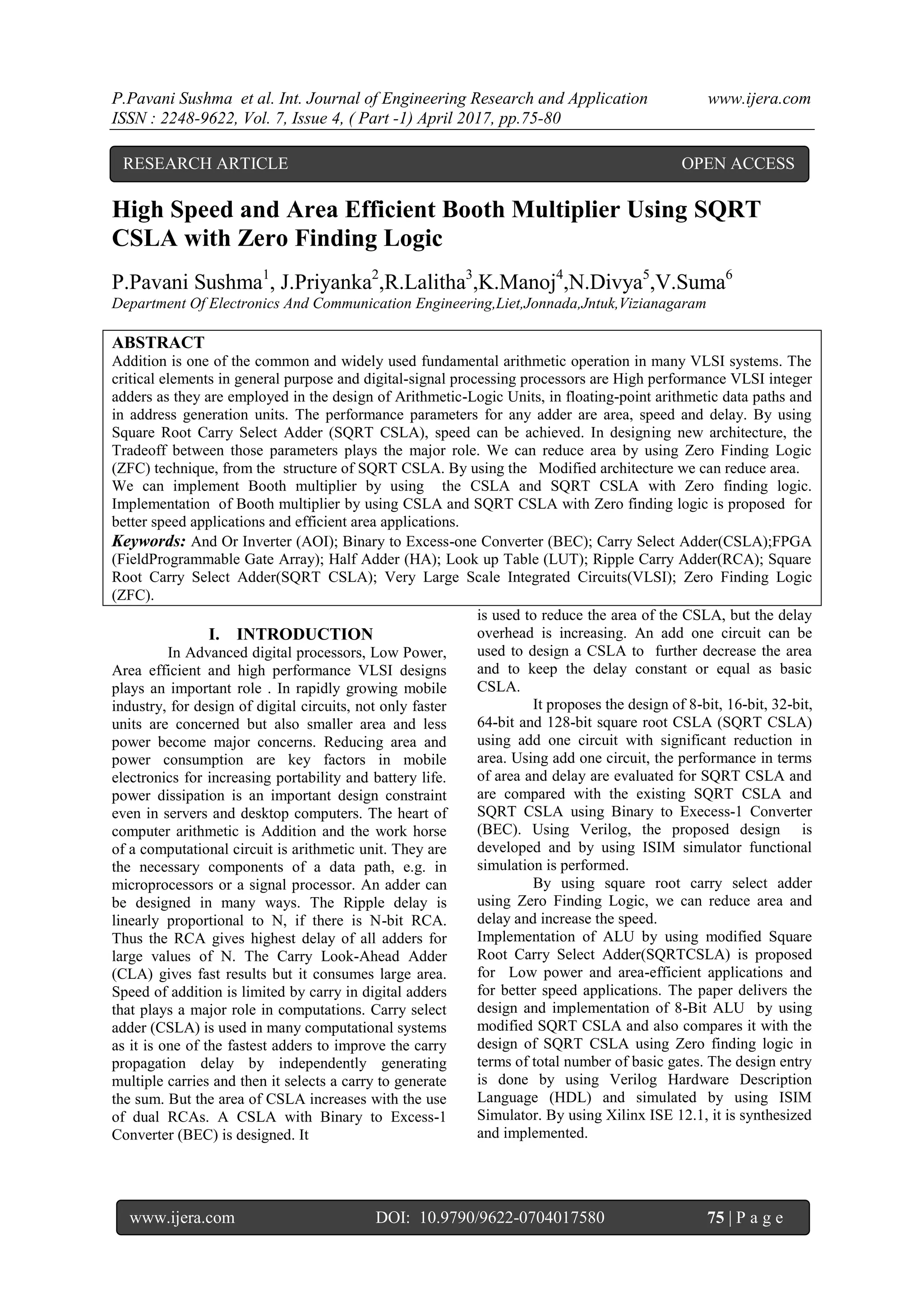 High Speed and Area Efficient Booth Multiplier Using SQRT CSLA with Zero Finding Logic | PDF ...