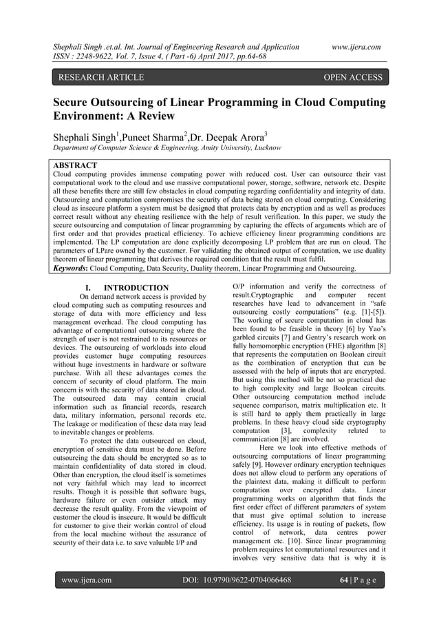 Secure Outsourcing of Linear Programming in Cloud Computing Environment: A Review | PDF