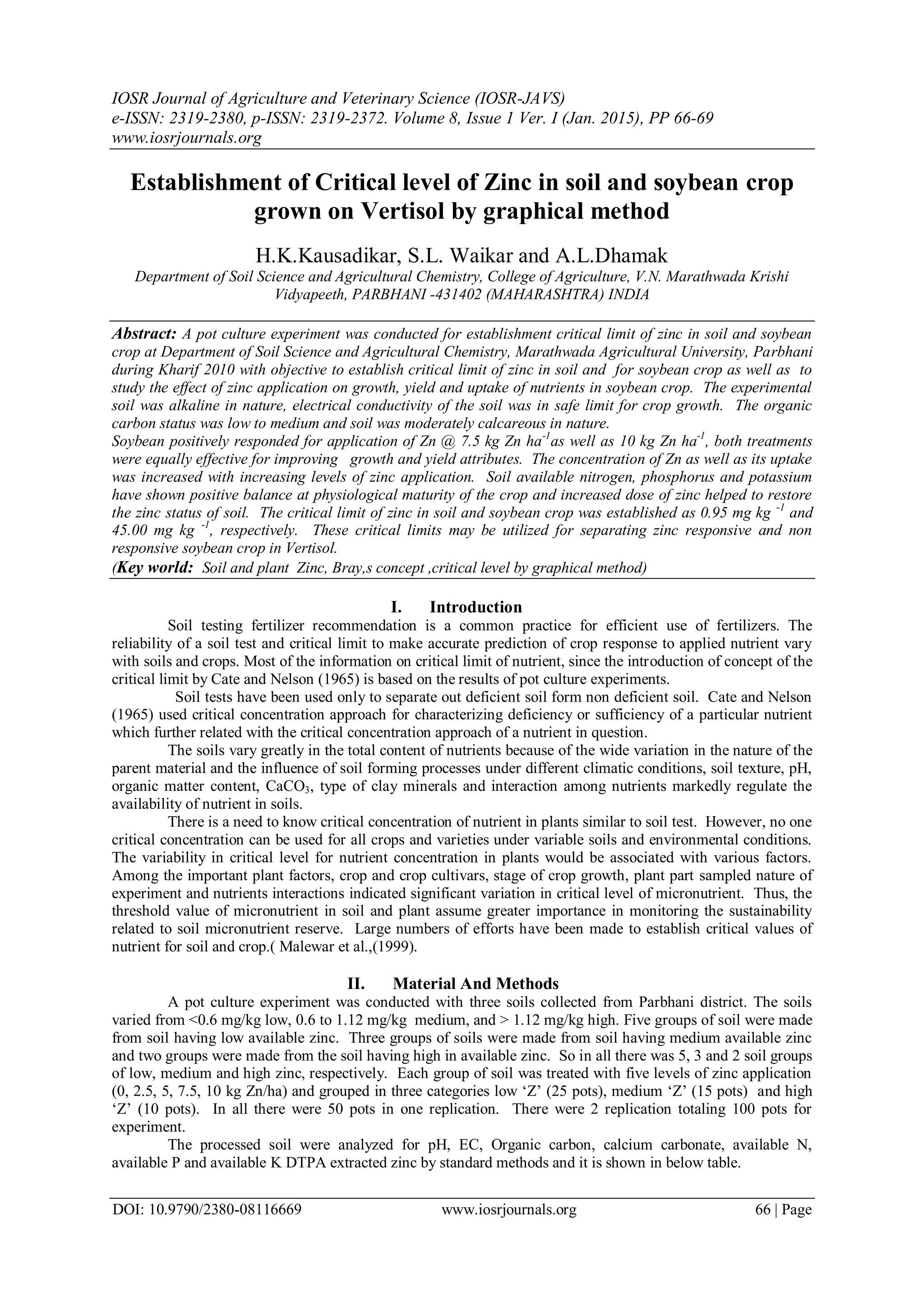 Establishment of Critical level of Zinc in soil and soybean crop grown ...