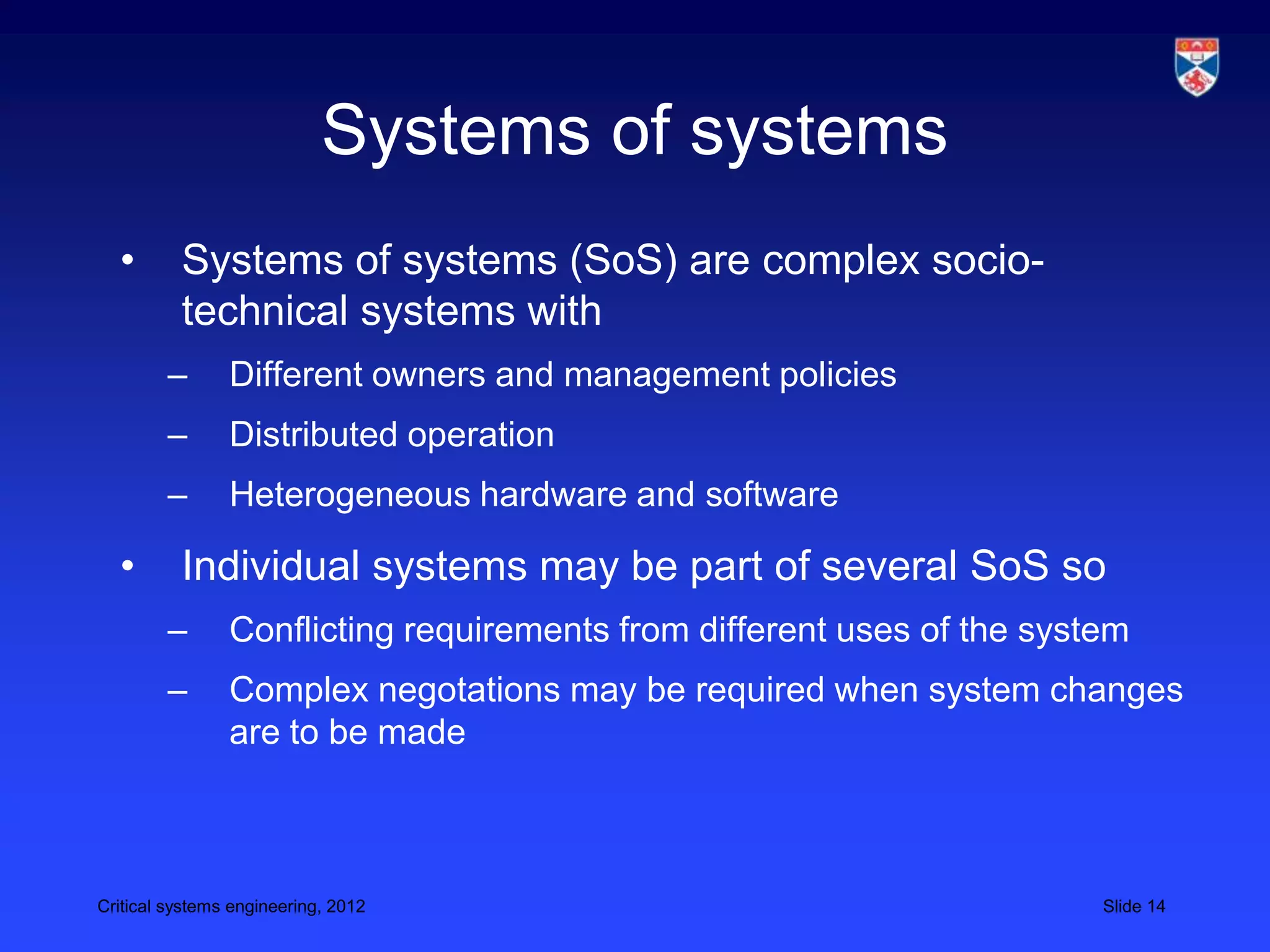 Introduction to Critical Systems Engineering (CS 5032 2012) | PPTX