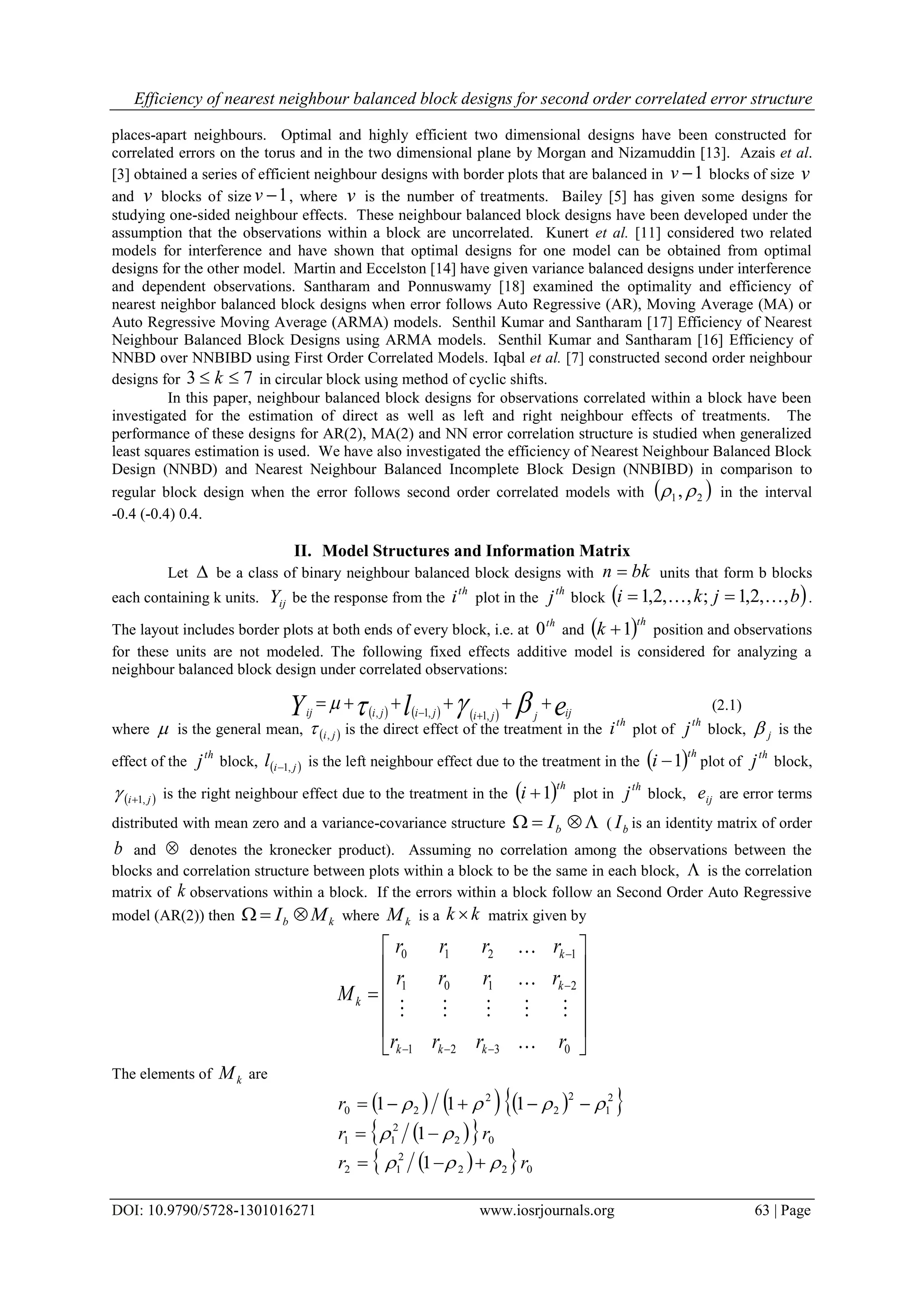 Efficiency of Nearest Neighbour Balanced Block Designs for Second Order Correlated Error ...