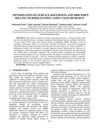 OPTIMIZATION OF SURFACE ROUGHNESS AND MRR WHEN MILLING 25CRMO4-25 STEEL USING TAGUCHI DESIGN | PDF
