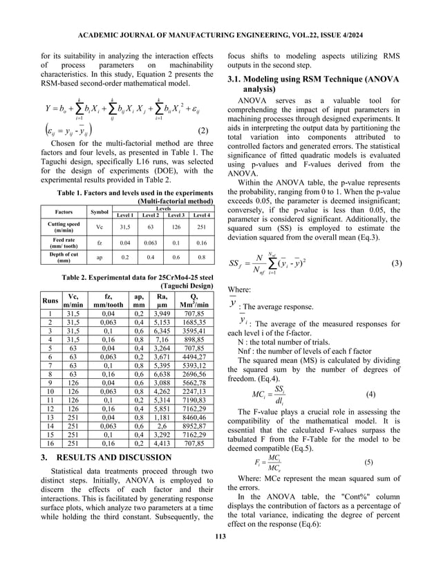OPTIMIZATION OF SURFACE ROUGHNESS AND MRR WHEN MILLING 25CRMO4-25 STEEL USING TAGUCHI DESIGN | PDF