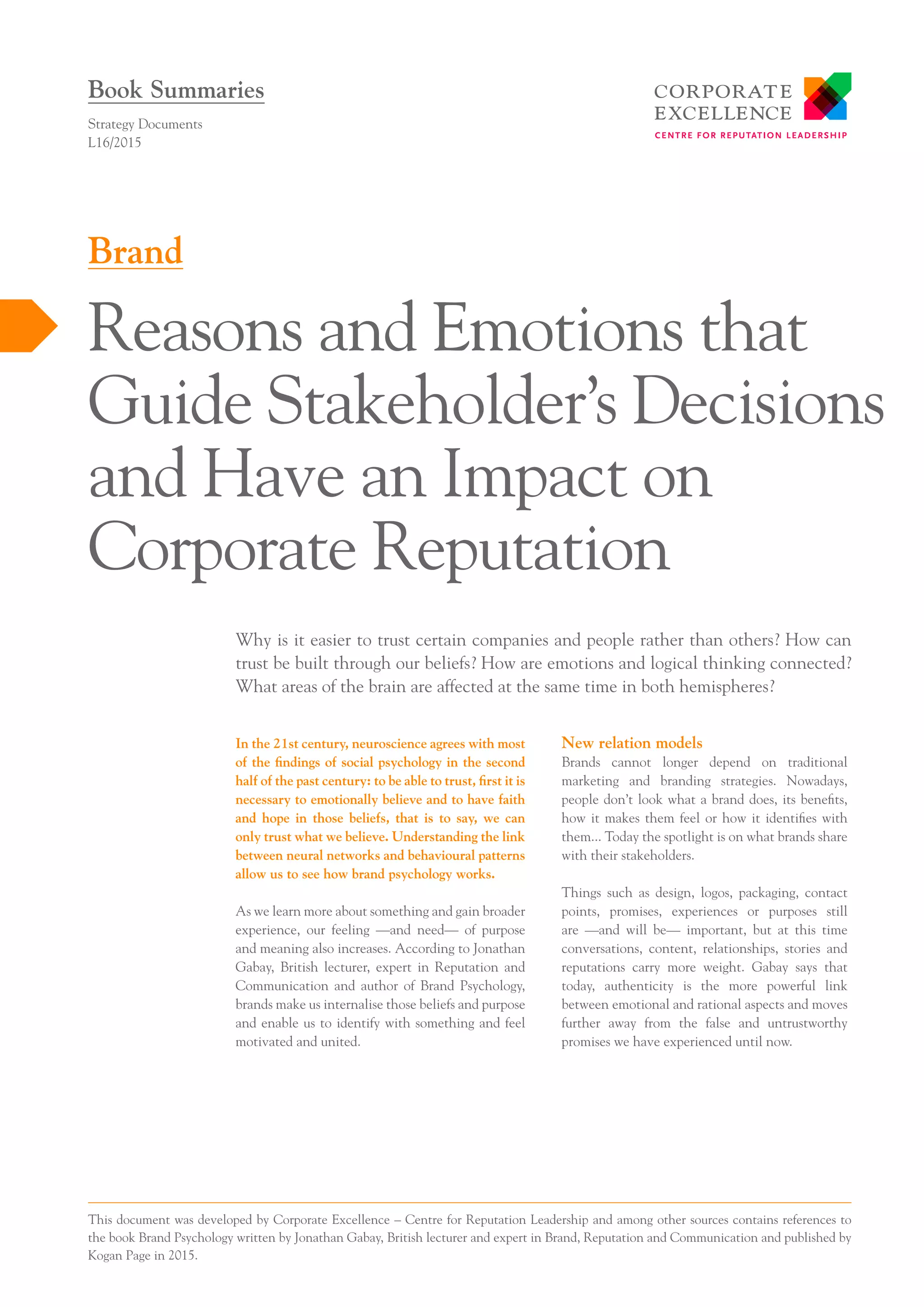 Reasons and Emotions that Guide Stakeholder's Decisions and Have an ...