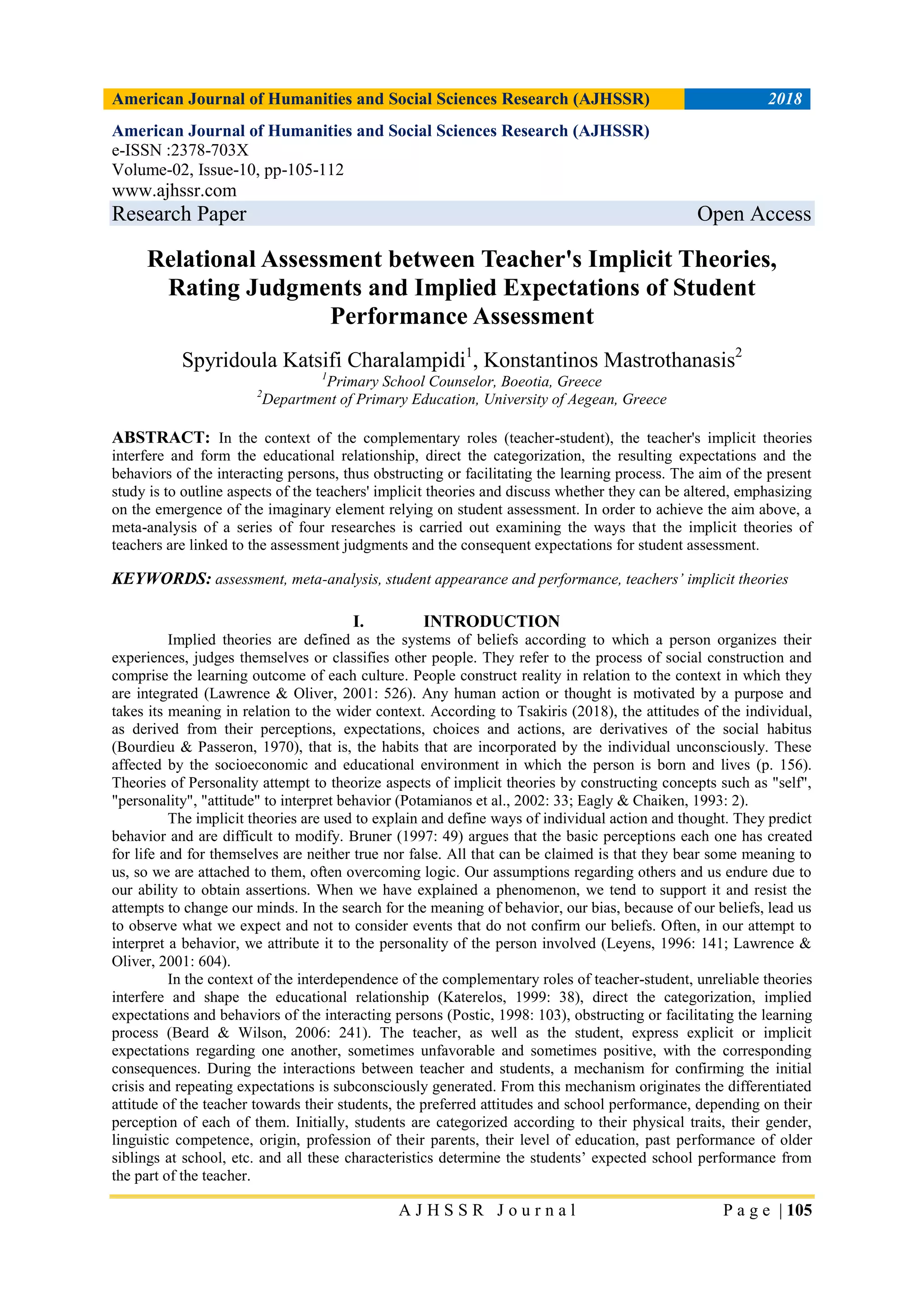 Relational Assessment between Teacher's Implicit Theories, Rating ...