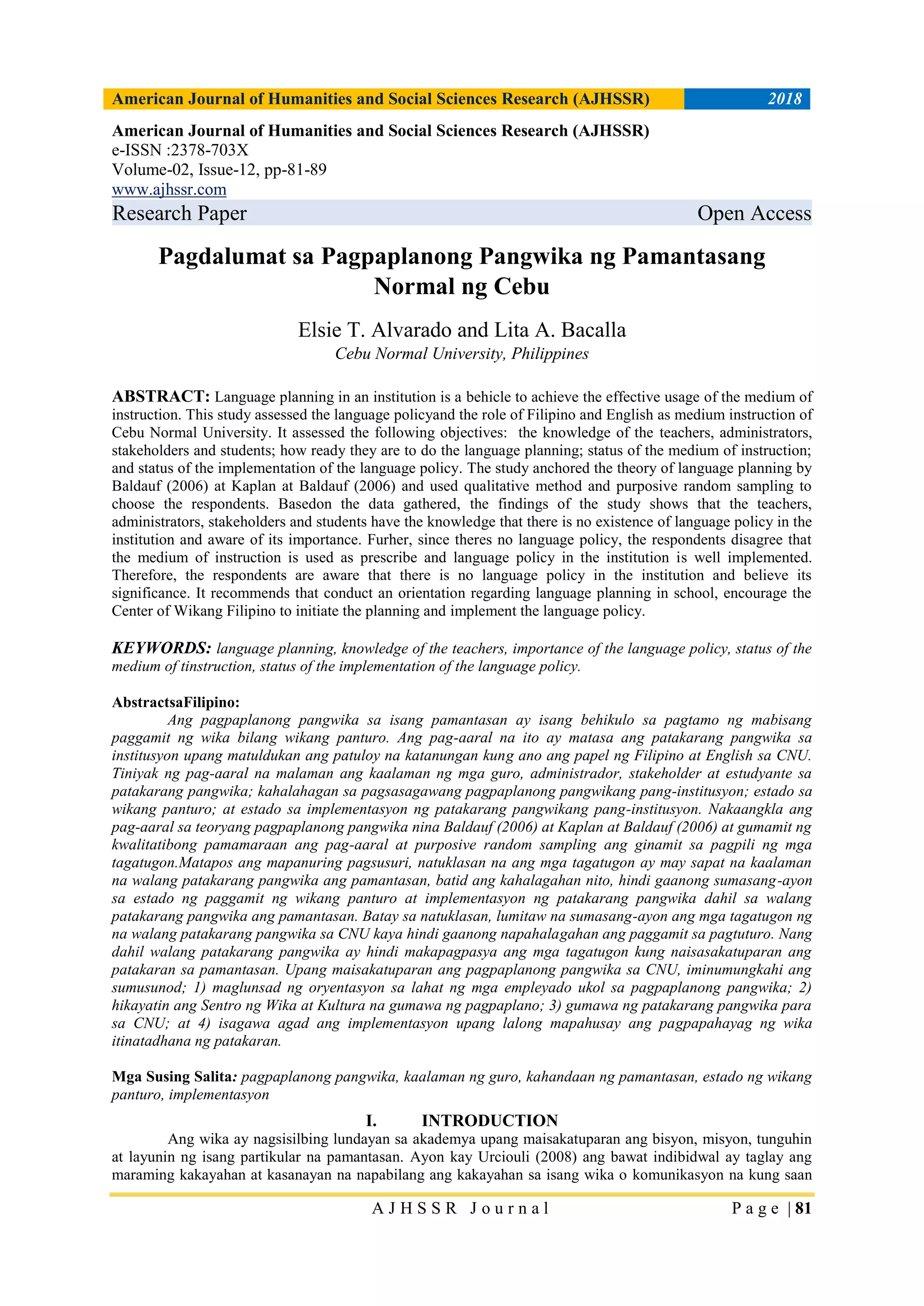 Pagdalumat sa Pagpaplanong Pangwika ng Pamantasang Normal ng Cebu | PDF