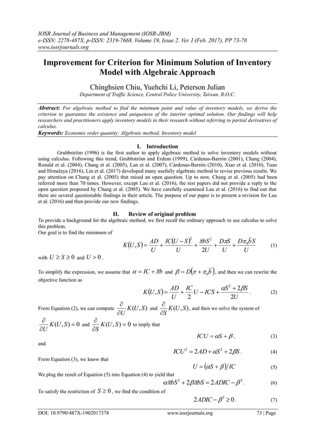 Improvement for Criterion for Minimum Solution of Inventory Model with Algebraic Approach | PDF