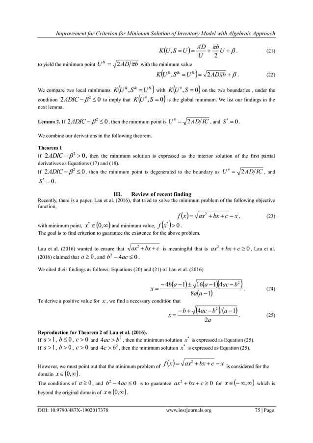 Improvement for Criterion for Minimum Solution of Inventory Model with Algebraic Approach | PDF