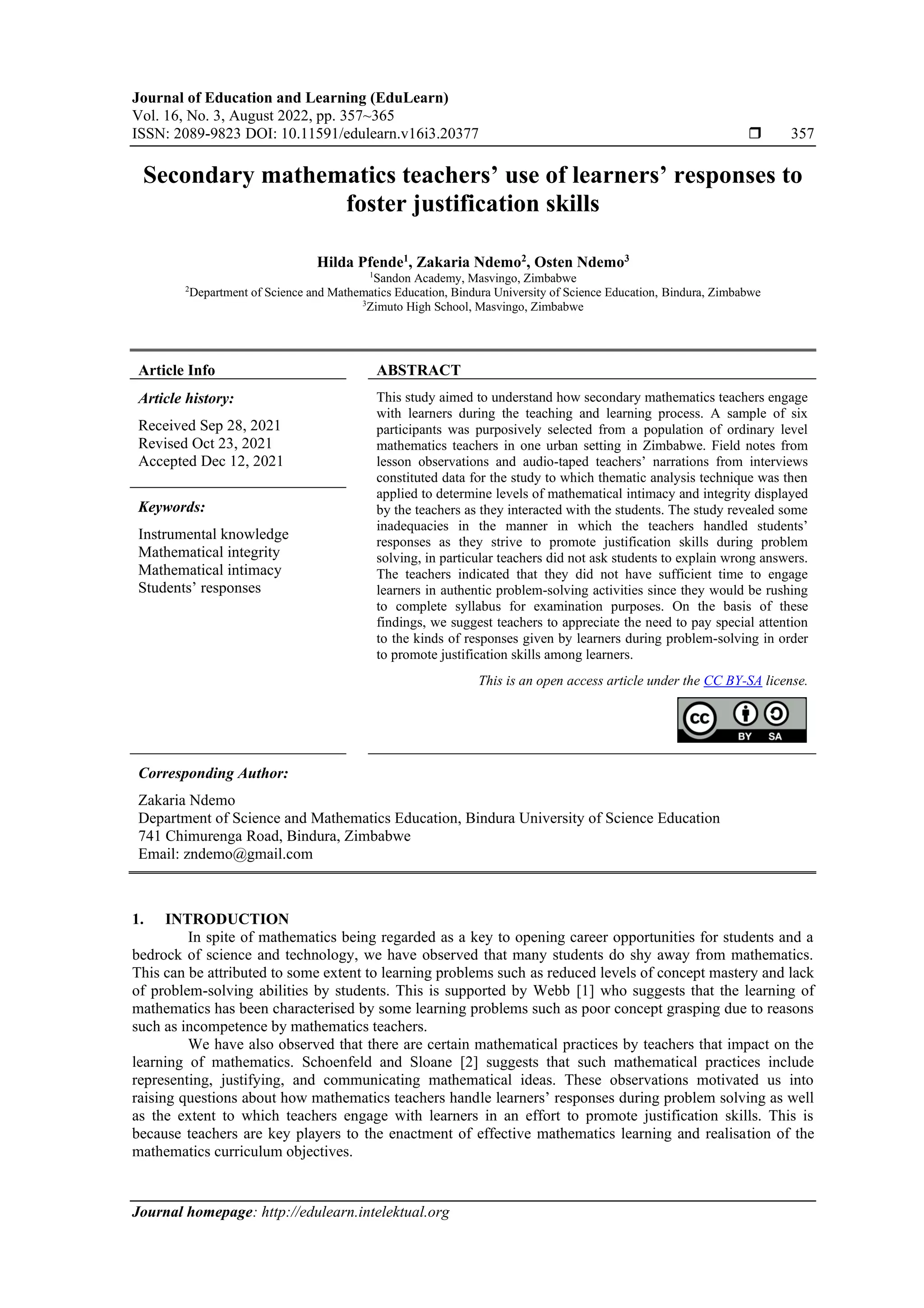 Secondary mathematics teachers’ use of learners’ responses to foster ...