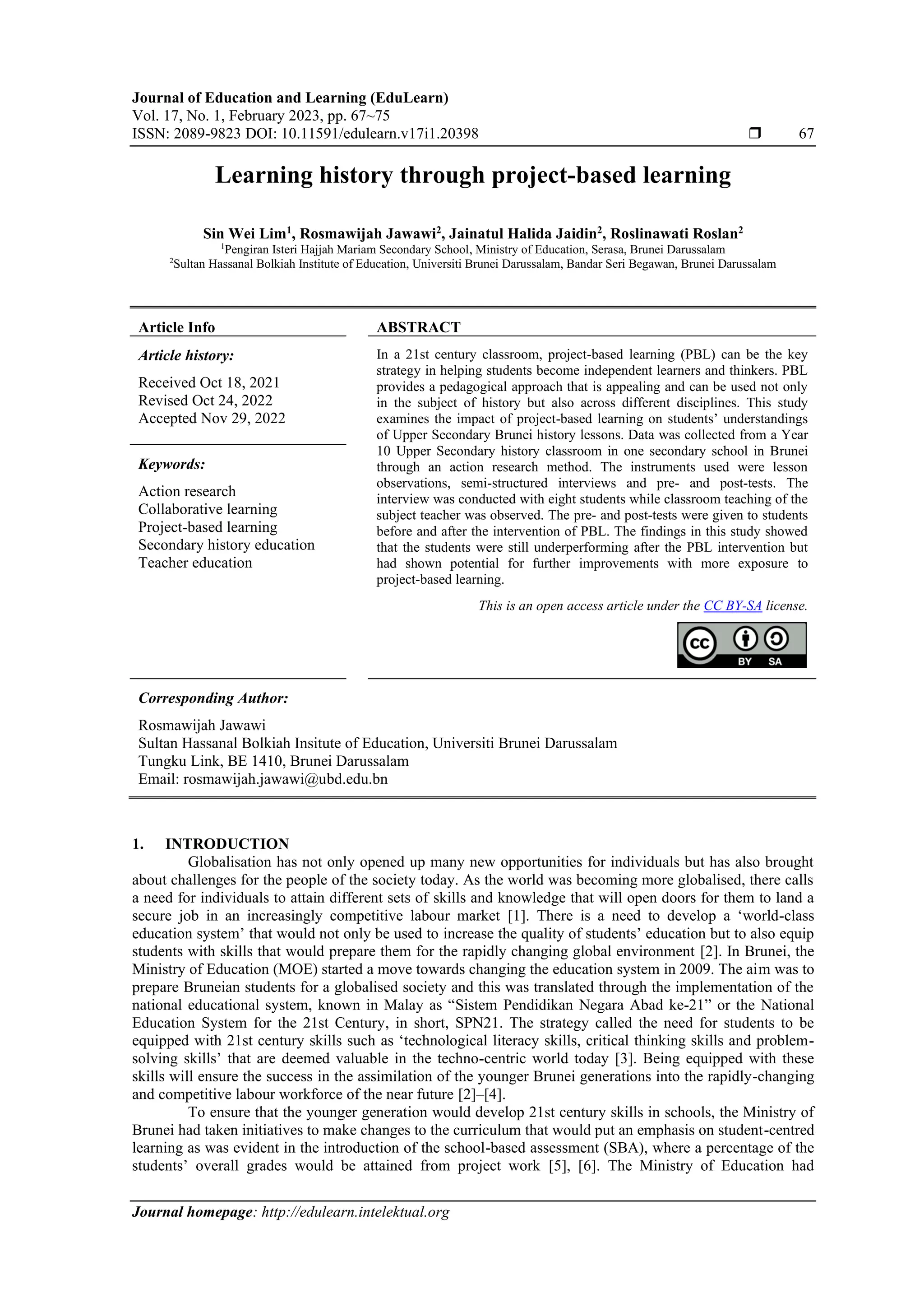 Learning history through project-based learning | PDF