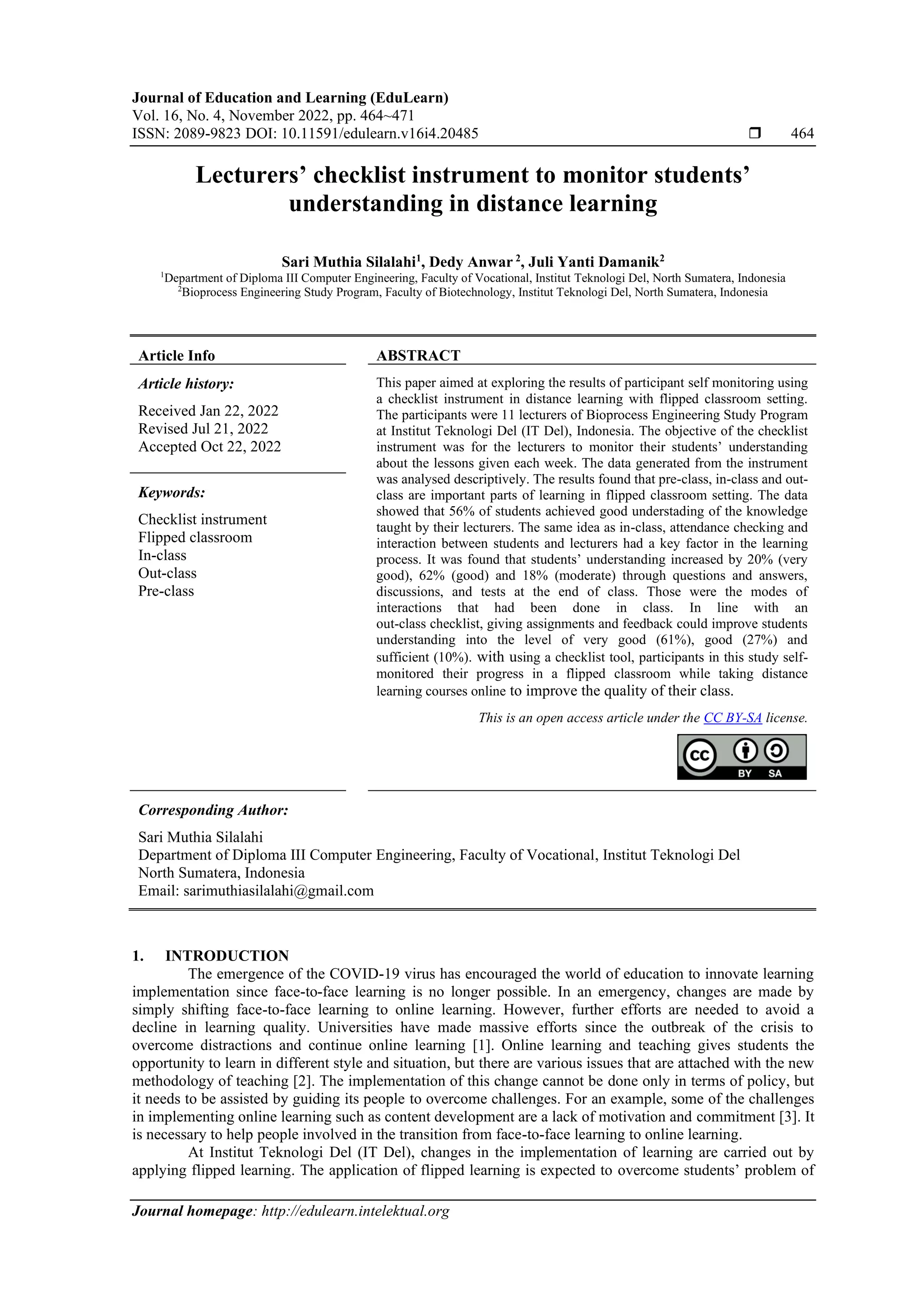 Lecturers’ checklist instrument to monitor students’ understanding in ...
