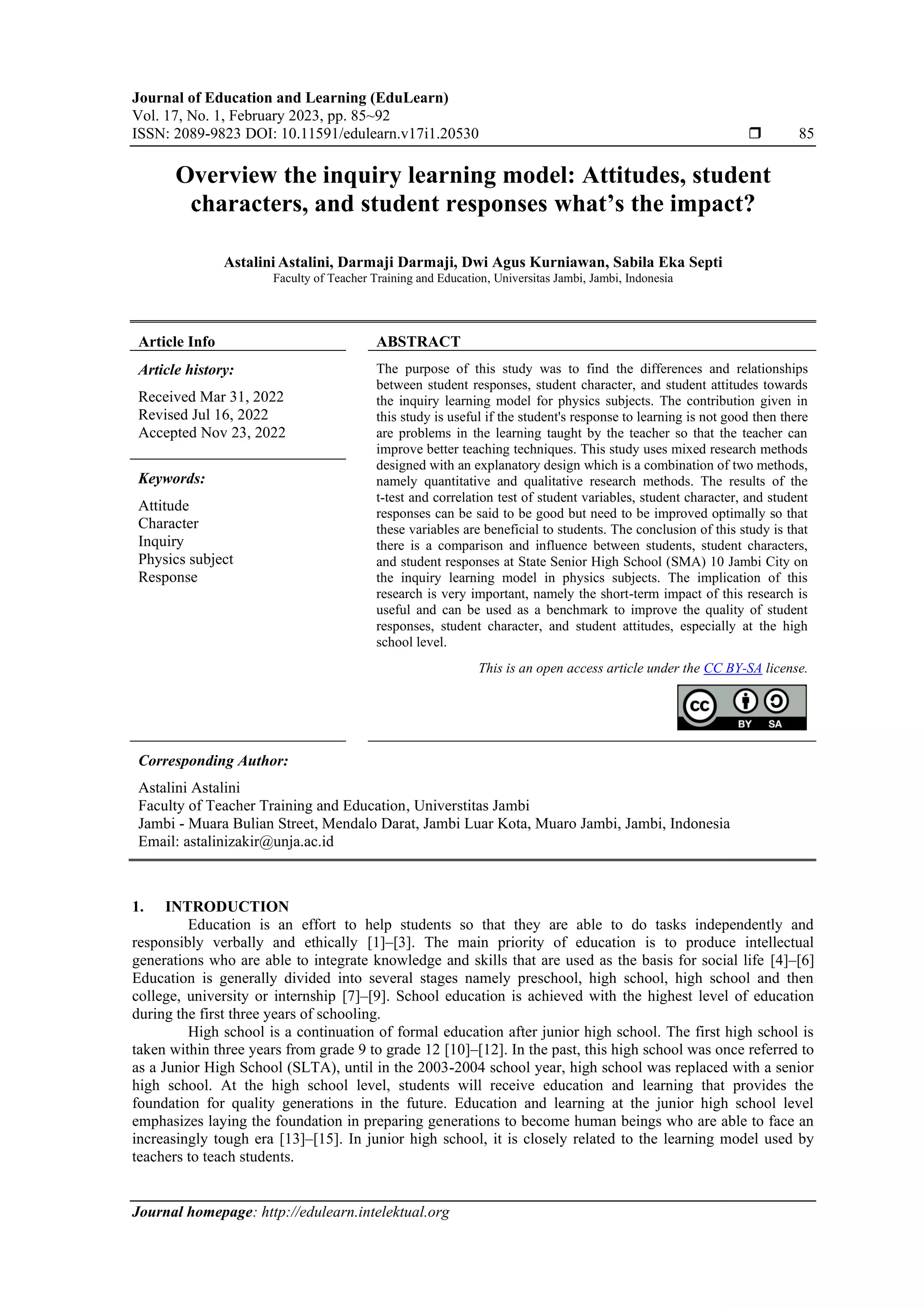 Overview the inquiry learning model: Attitudes, student characters, and ...