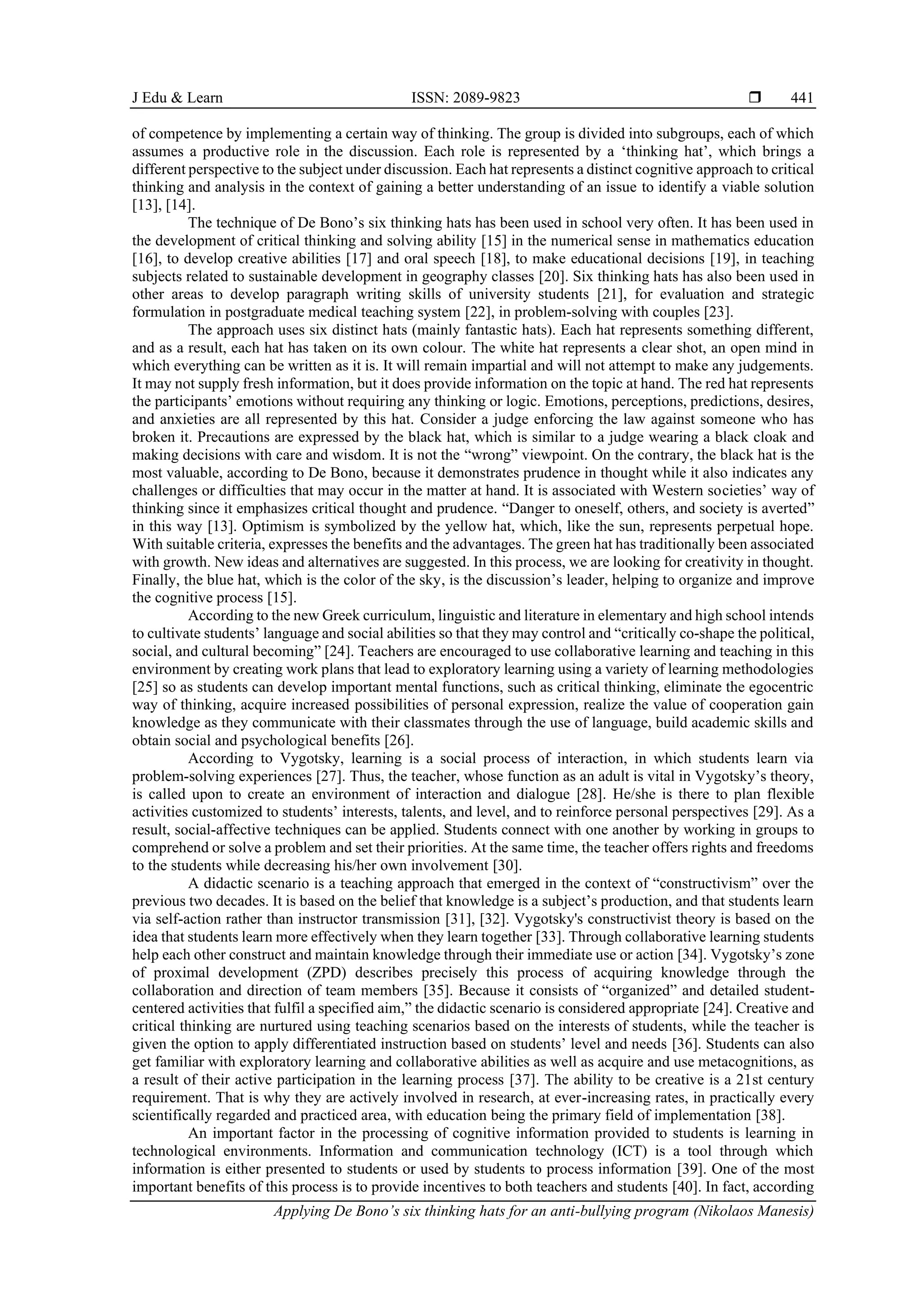 Applying De Bono’s six thinking hats for an anti-bullying program | PDF