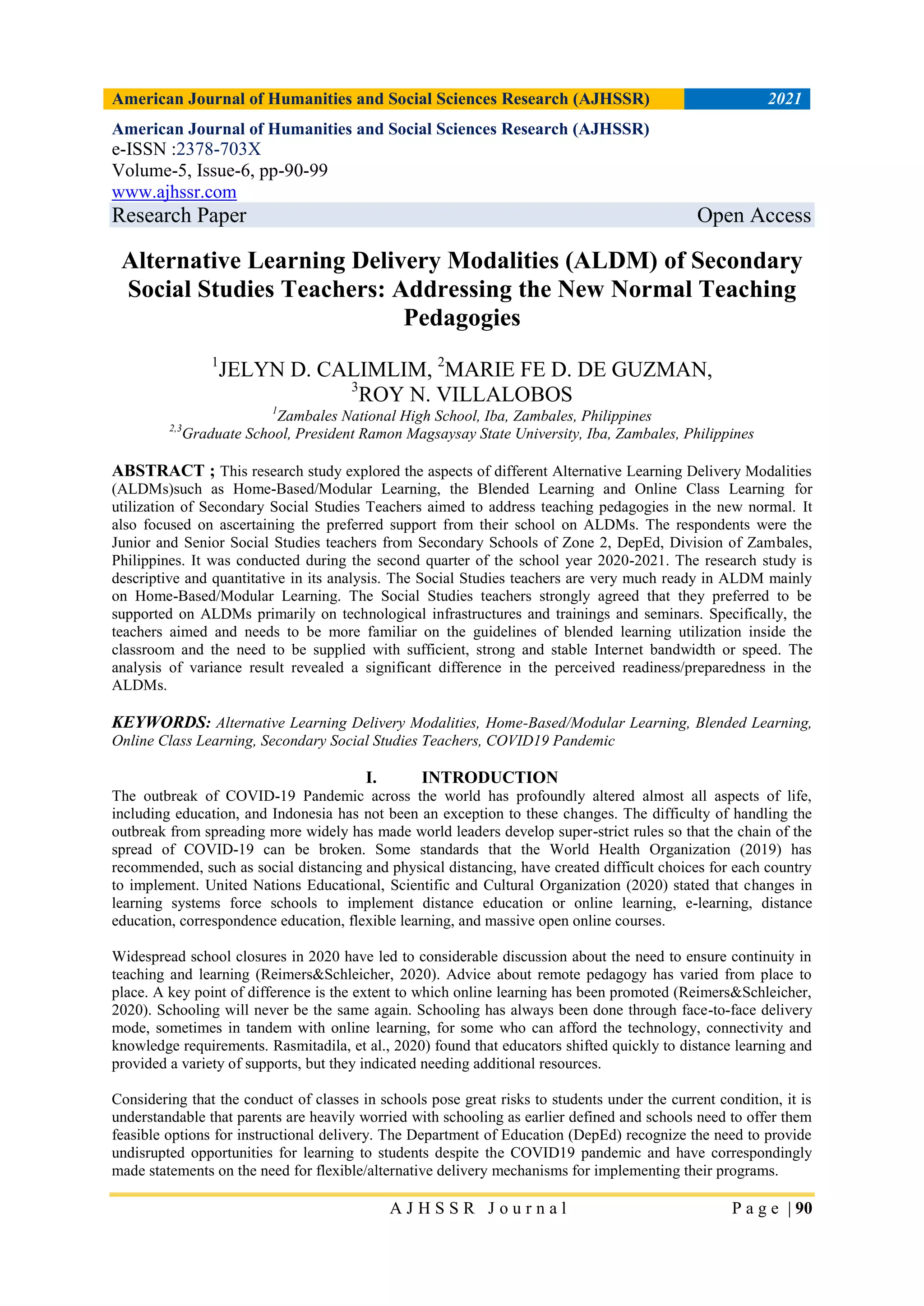 Alternative Learning Delivery Modalities (ALDM) of Secondary Social ...