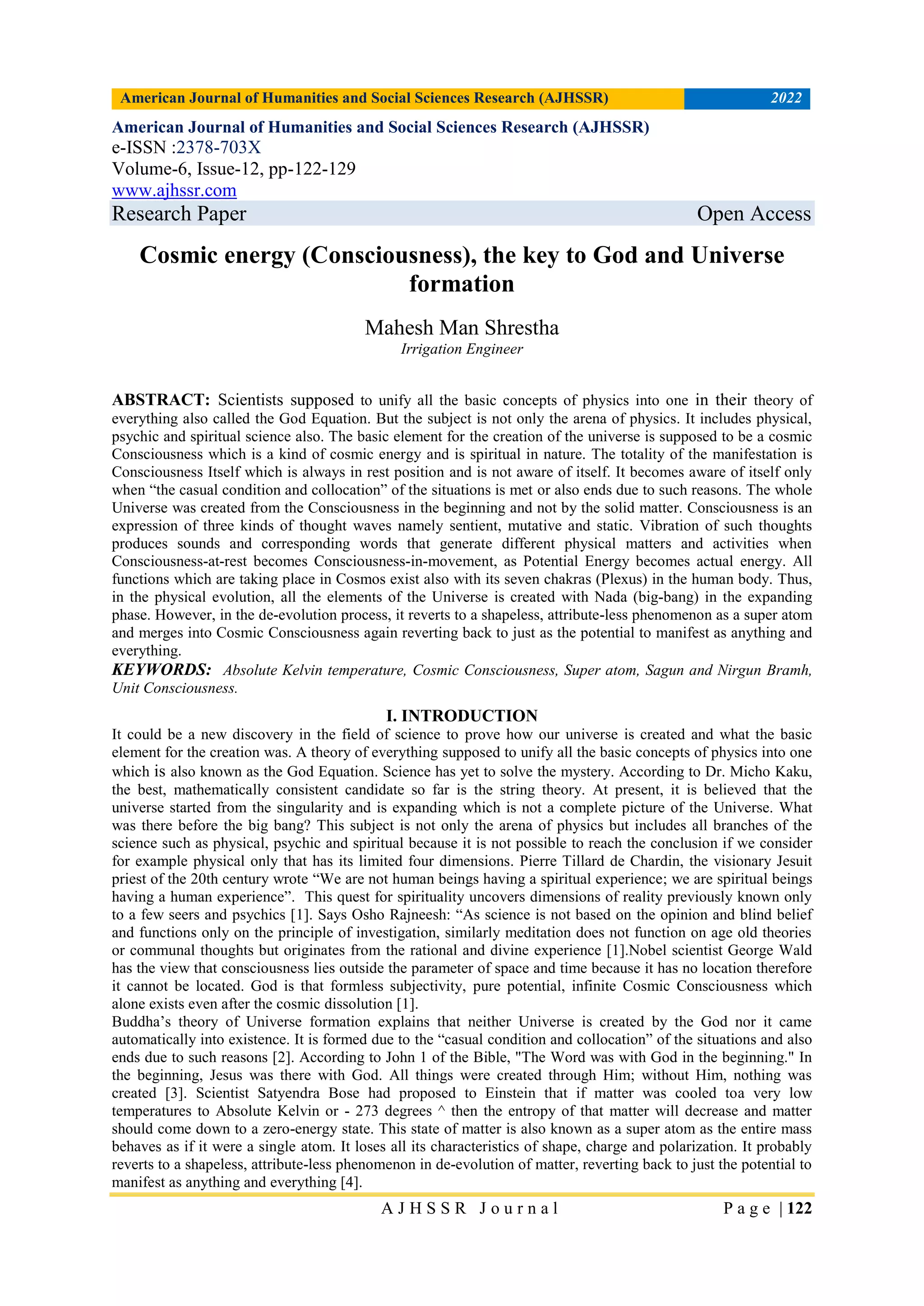 Cosmic energy (Consciousness), the key to God and Universe formation | PDF