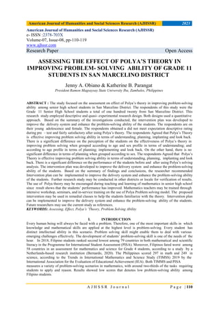 ASSESSING THE EFFECT OF POLYA’S THEORY IN IMPROVING PROBLEM- SOLVING ...