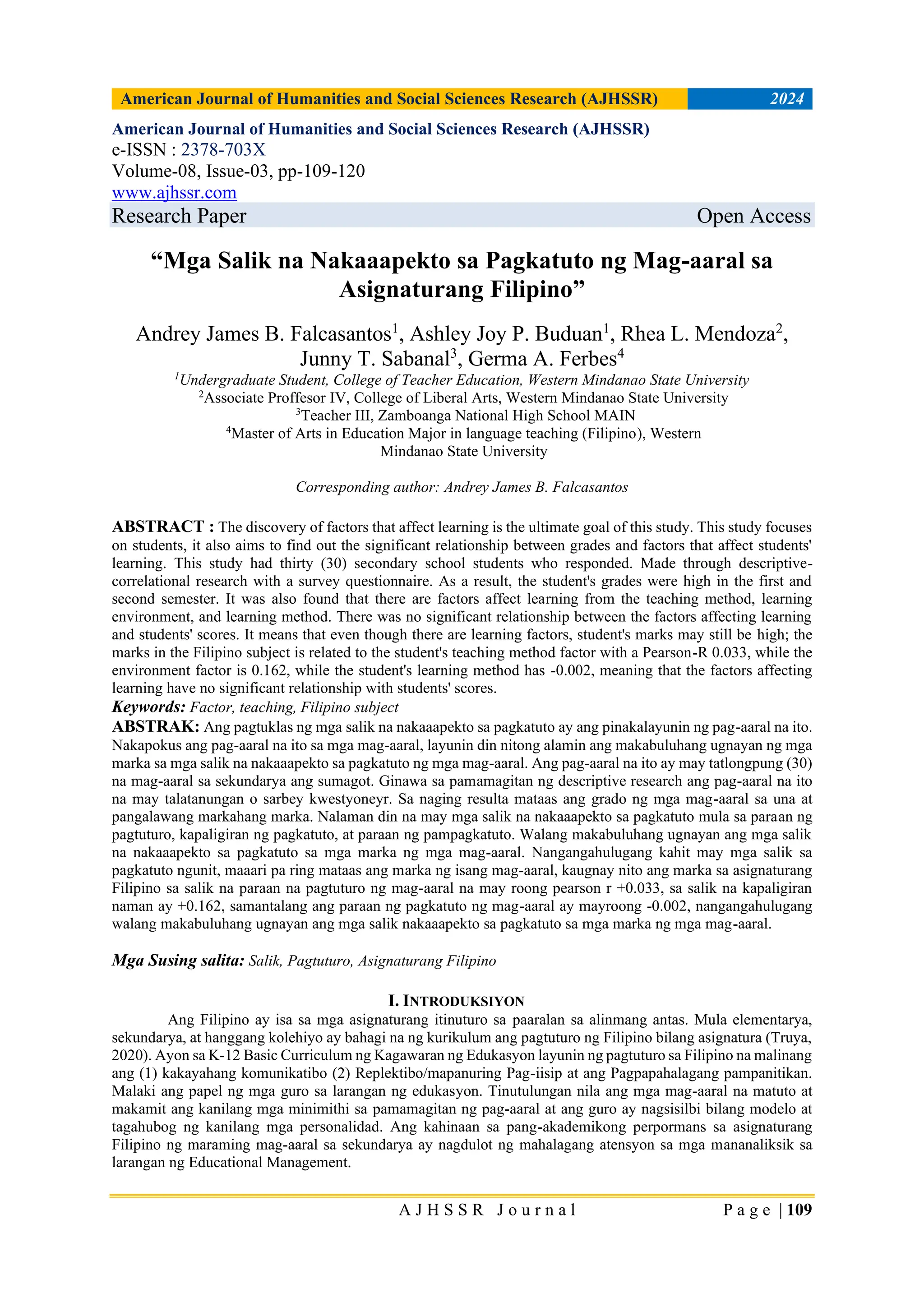 “Mga Salik na Nakaaapekto sa Pagkatuto ng Mag-aaral sa Asignaturang Filipino” | PDF