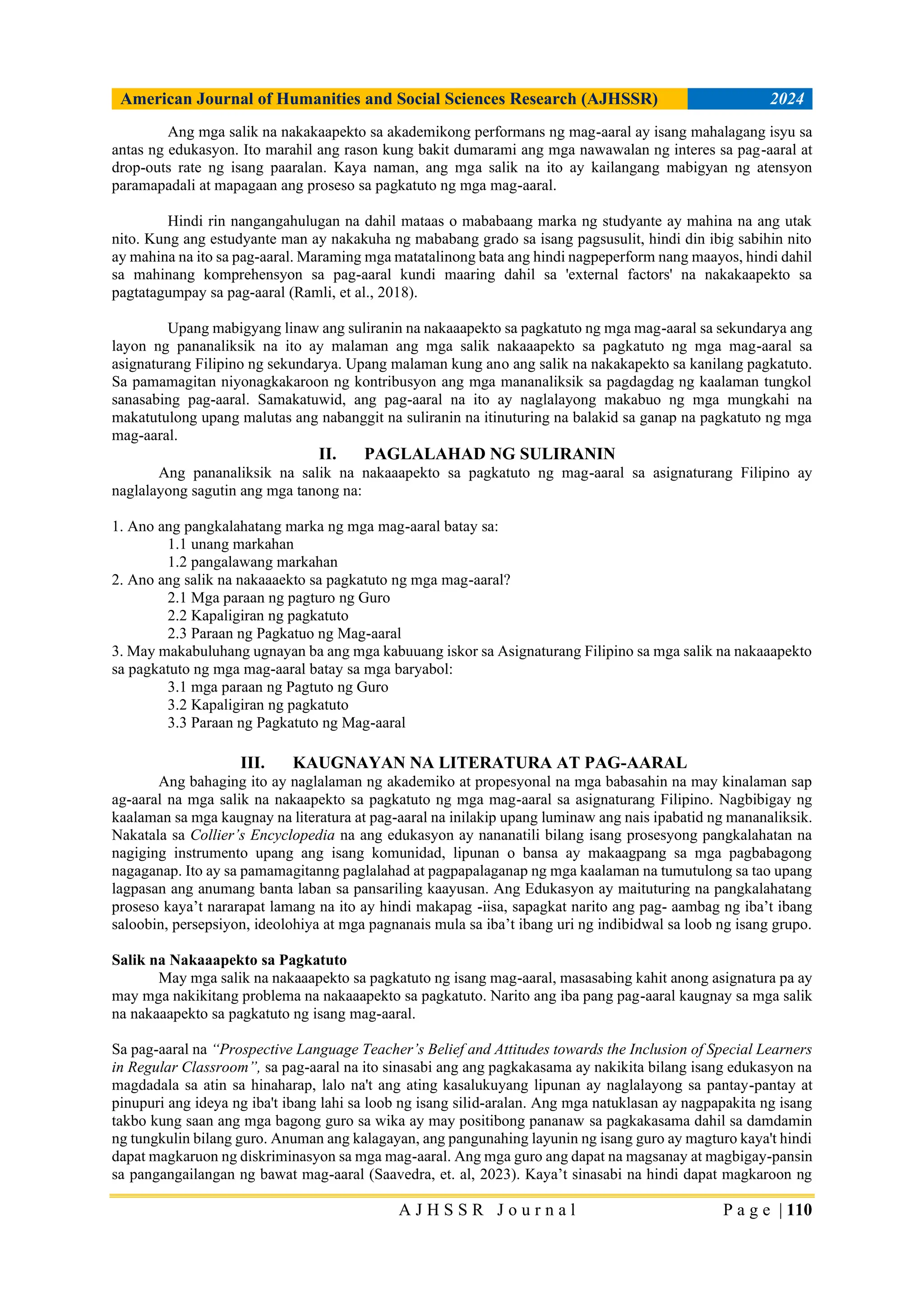 “Mga Salik na Nakaaapekto sa Pagkatuto ng Mag-aaral sa Asignaturang Filipino” | PDF