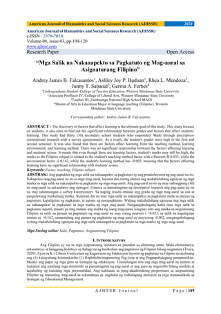 “Mga Salik na Nakaaapekto sa Pagkatuto ng Mag-aaral sa Asignaturang Filipino” | PDF
