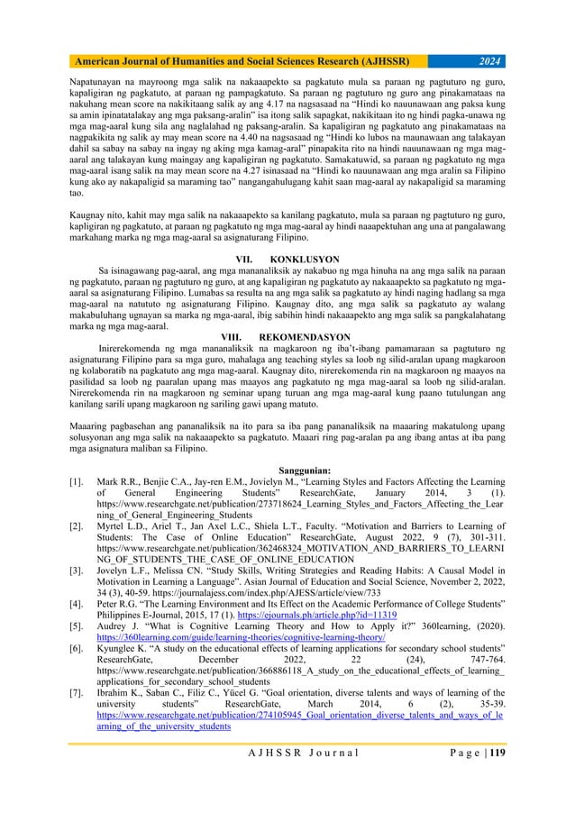 “Mga Salik na Nakaaapekto sa Pagkatuto ng Mag-aaral sa Asignaturang Filipino” | PDF