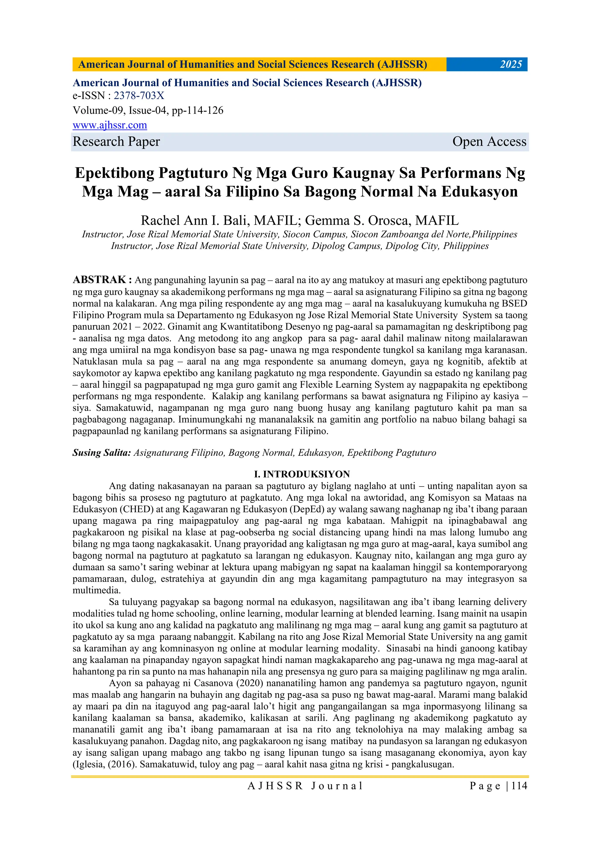Epektibong Pagtuturo Ng Mga Guro Kaugnay Sa Performans Ng Mga Mag – aaral Sa Filipino Sa Bagong ...