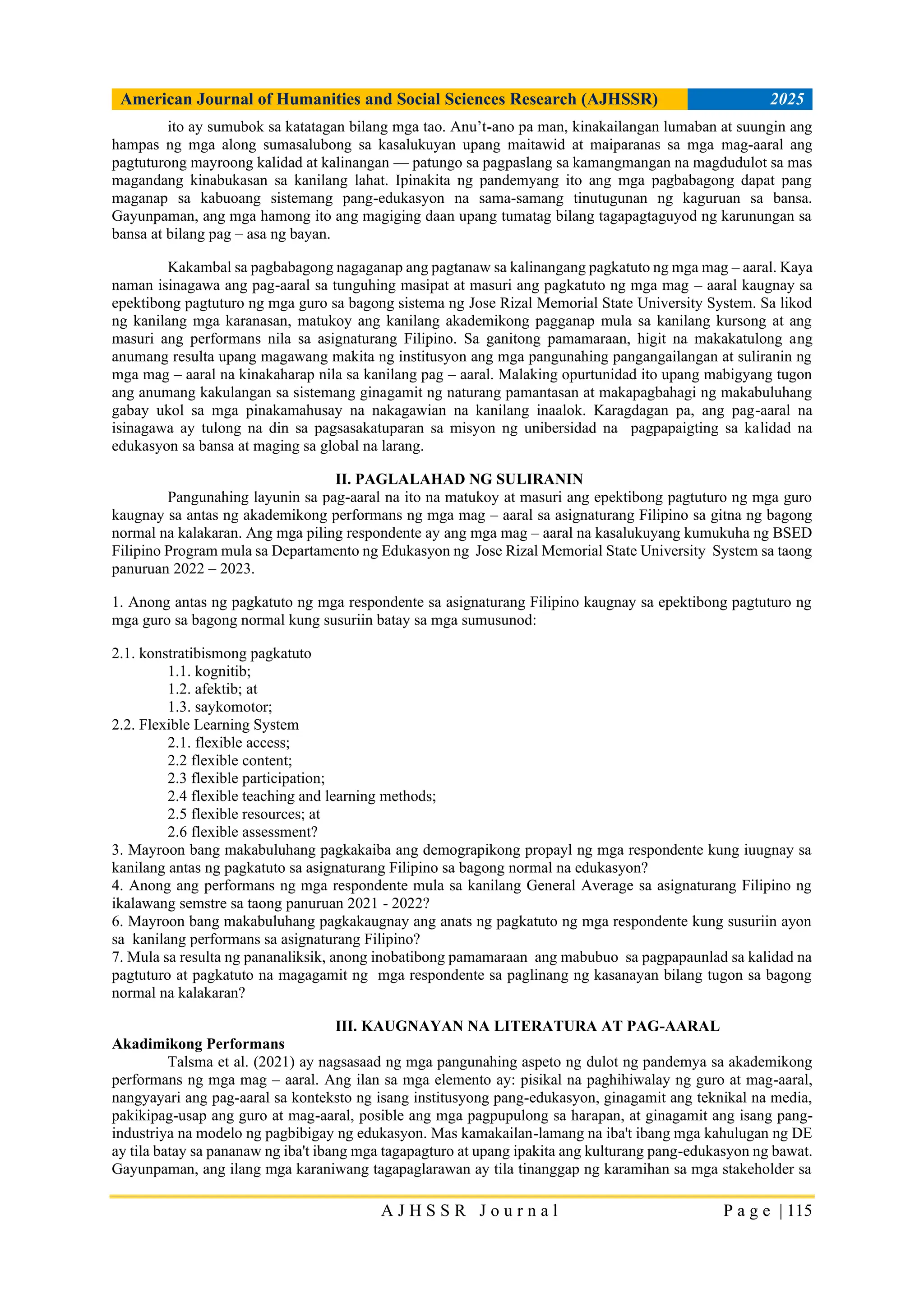 Epektibong Pagtuturo Ng Mga Guro Kaugnay Sa Performans Ng Mga Mag – aaral Sa Filipino Sa Bagong ...