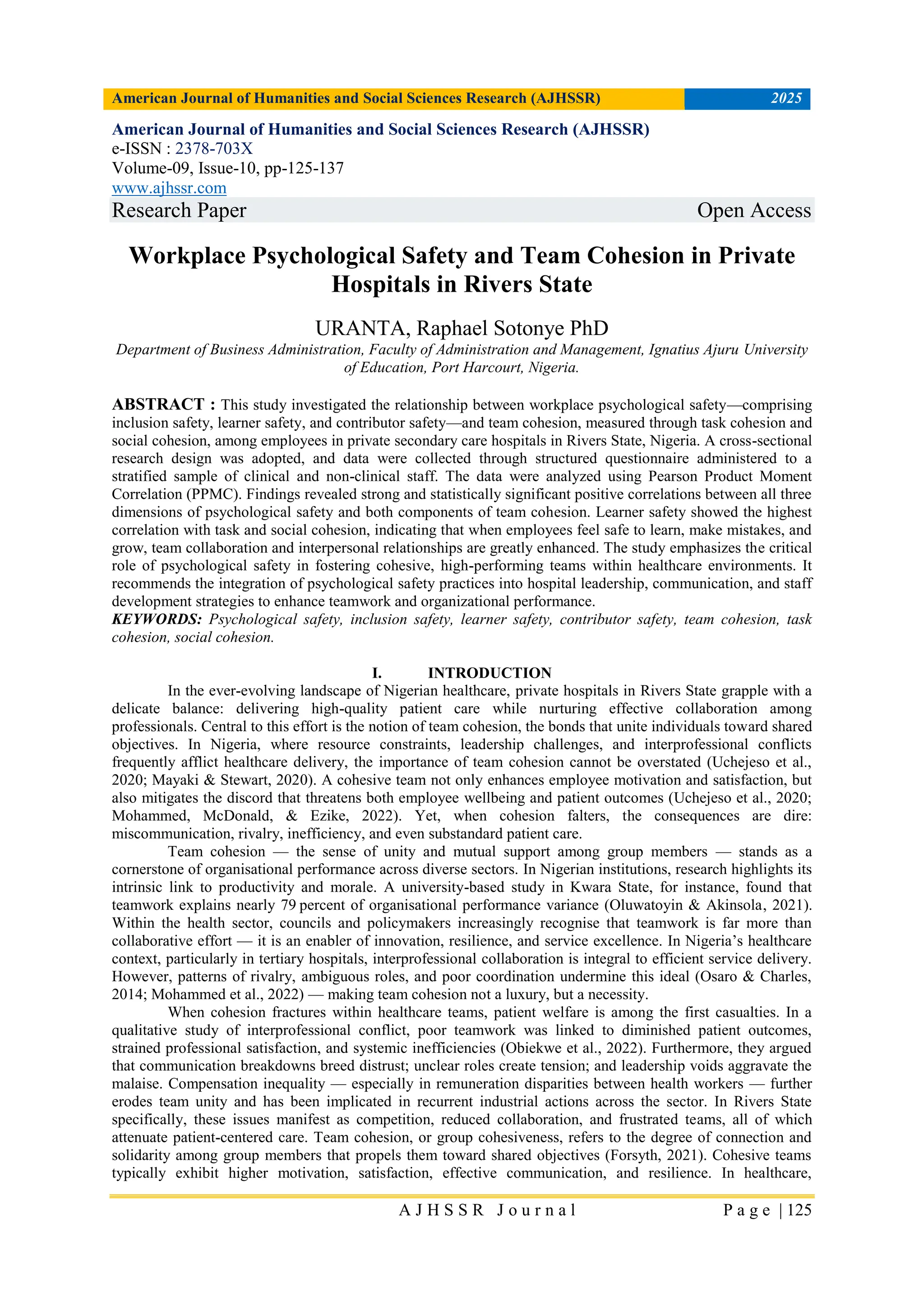 Workplace Psychological Safety and Team Cohesion in Private Hospitals ...