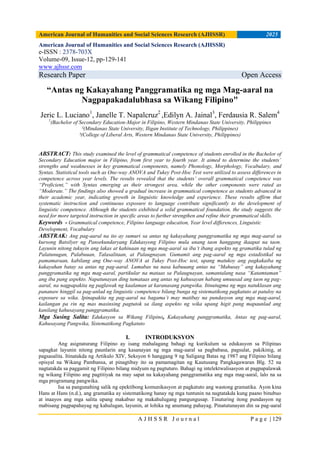 “Antas ng Kakayahang Panggramatika ng mga Mag-aaral na Nagpapakadalubhasa sa Wikang Filipino" | PDF