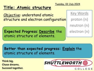 L2 atomic structure for year 10 gcse chemistry | PPTX