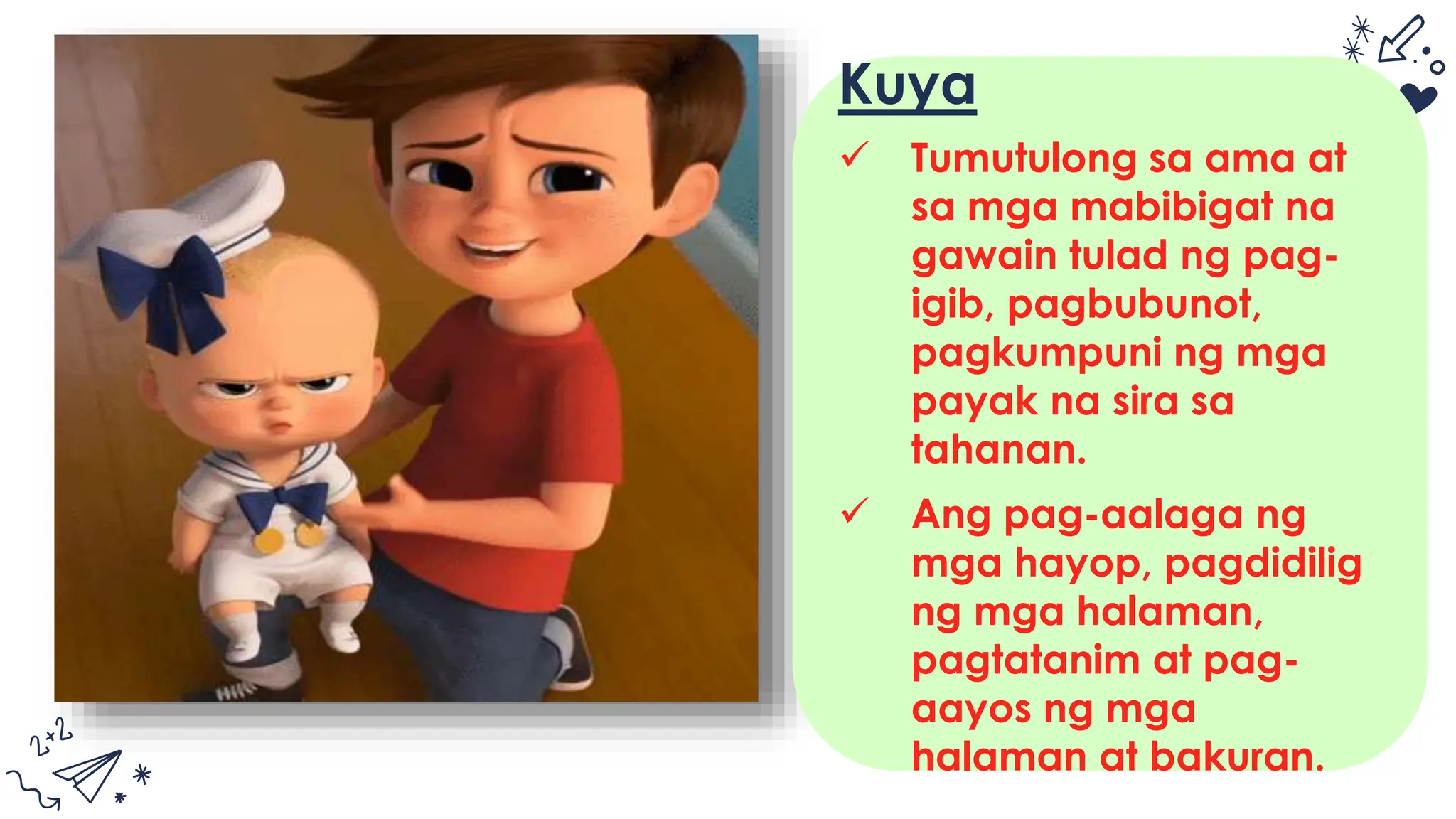 Aralin 2- Mga Tungkulin ng Bawat Kasapi ng Pamilya - Kinder .pptx