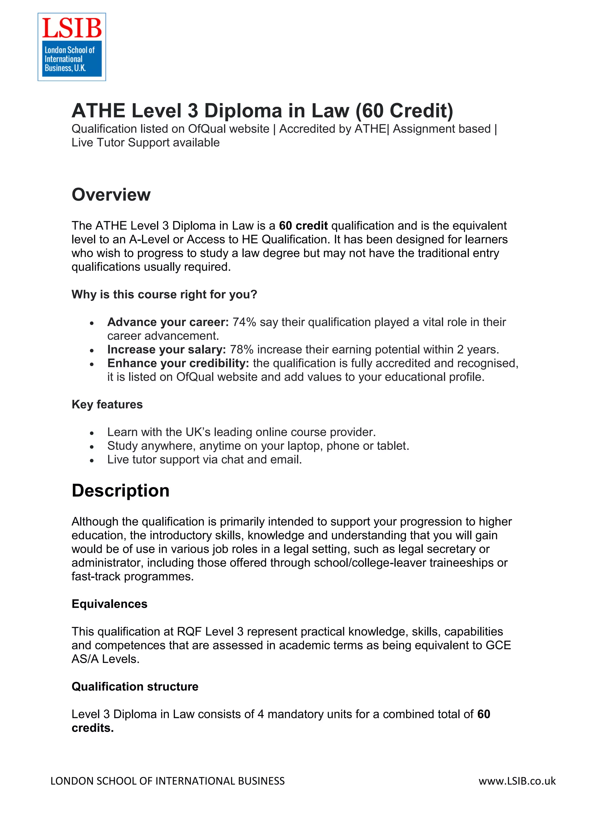 ATHE Level 3 Diploma in Law (60 Credit) | PDF