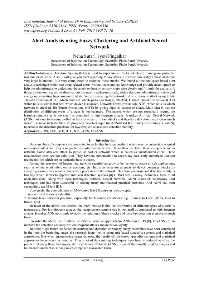 Alert Analysis using Fuzzy Clustering and Artificial Neural Network | PDF