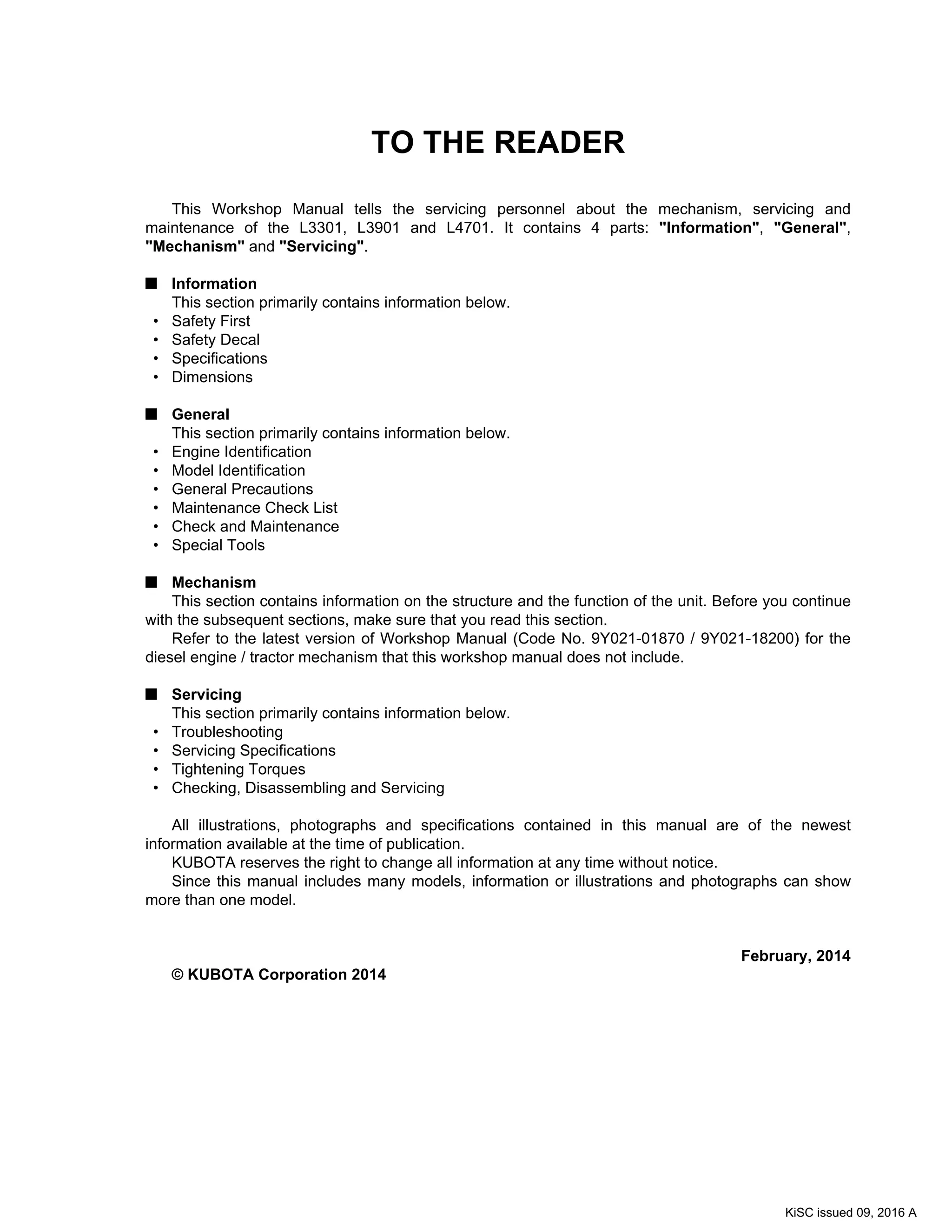 Kubota L3301, L3901, L4701 Workshop Manual | PDF