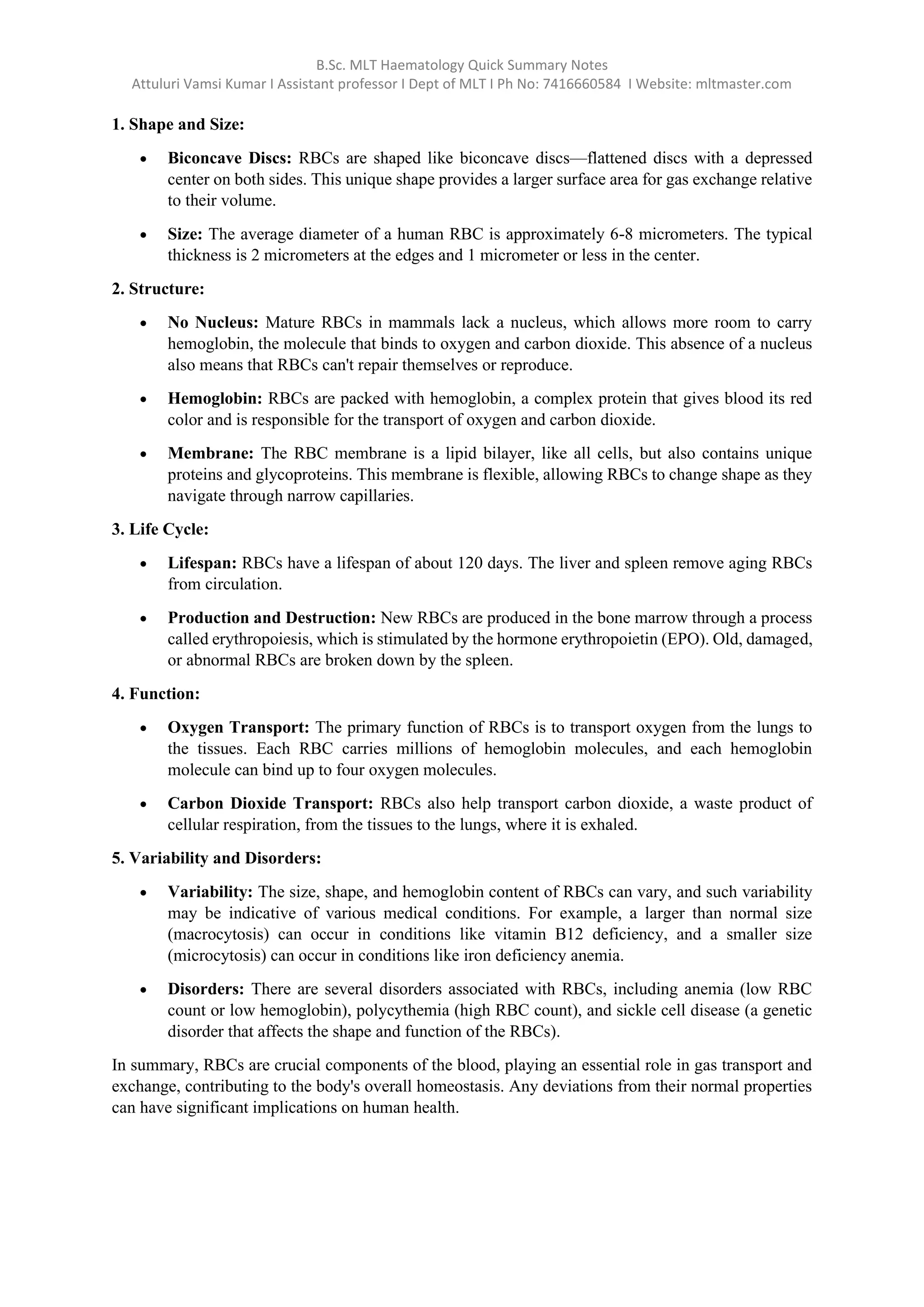 Notes Of Shape And Size Of Rbcs Structure Of Rbcs Life Cycle Of Rbcs