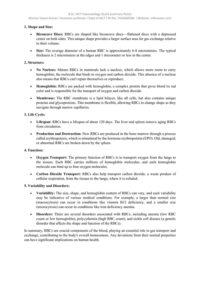 Notes of Shape and Size of RBCs, Structure of RBCs, Life Cycle of RBCs ...