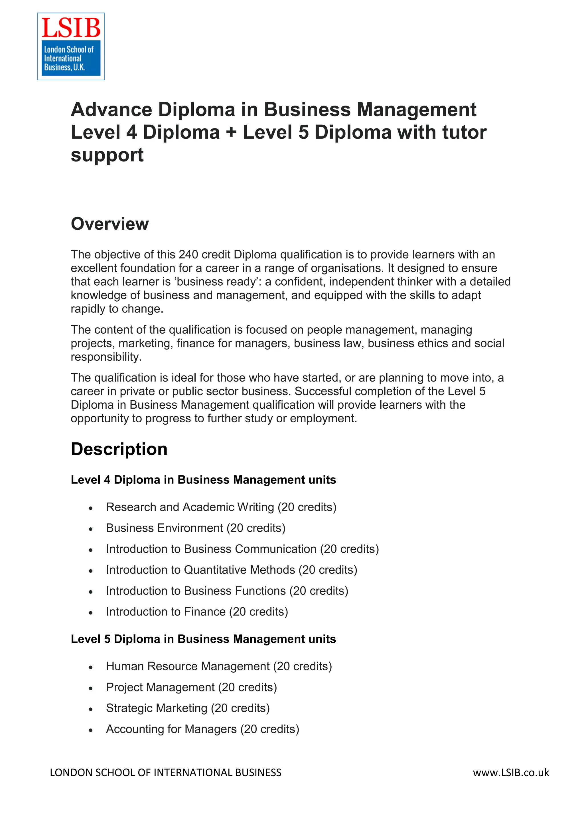 Advance Diploma in Business Management Level 4 Diploma + Level 5 ...