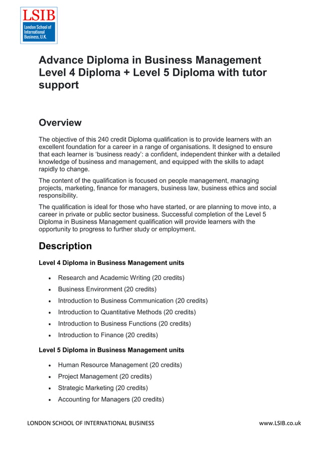Advance Diploma in Business Management Level 4 Diploma + Level 5 ...