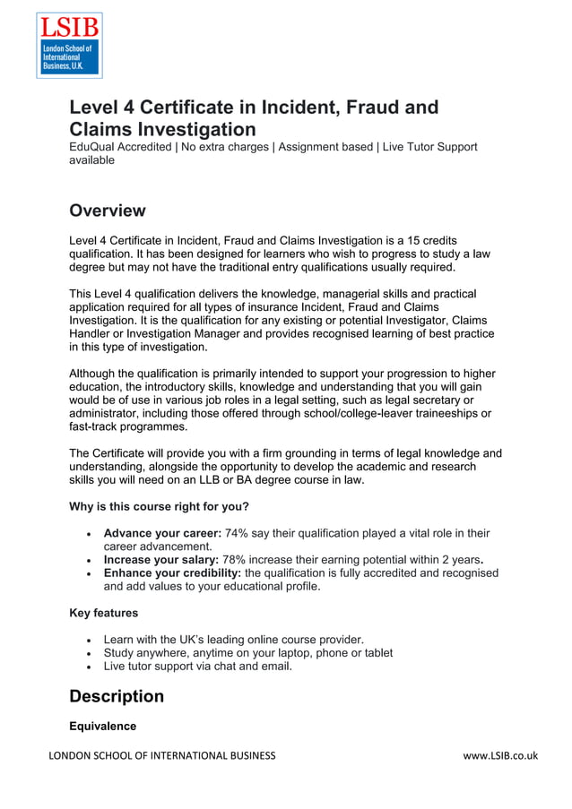 Level 4 Certificate in Incident, Fraud and Claims Investigation | PDF