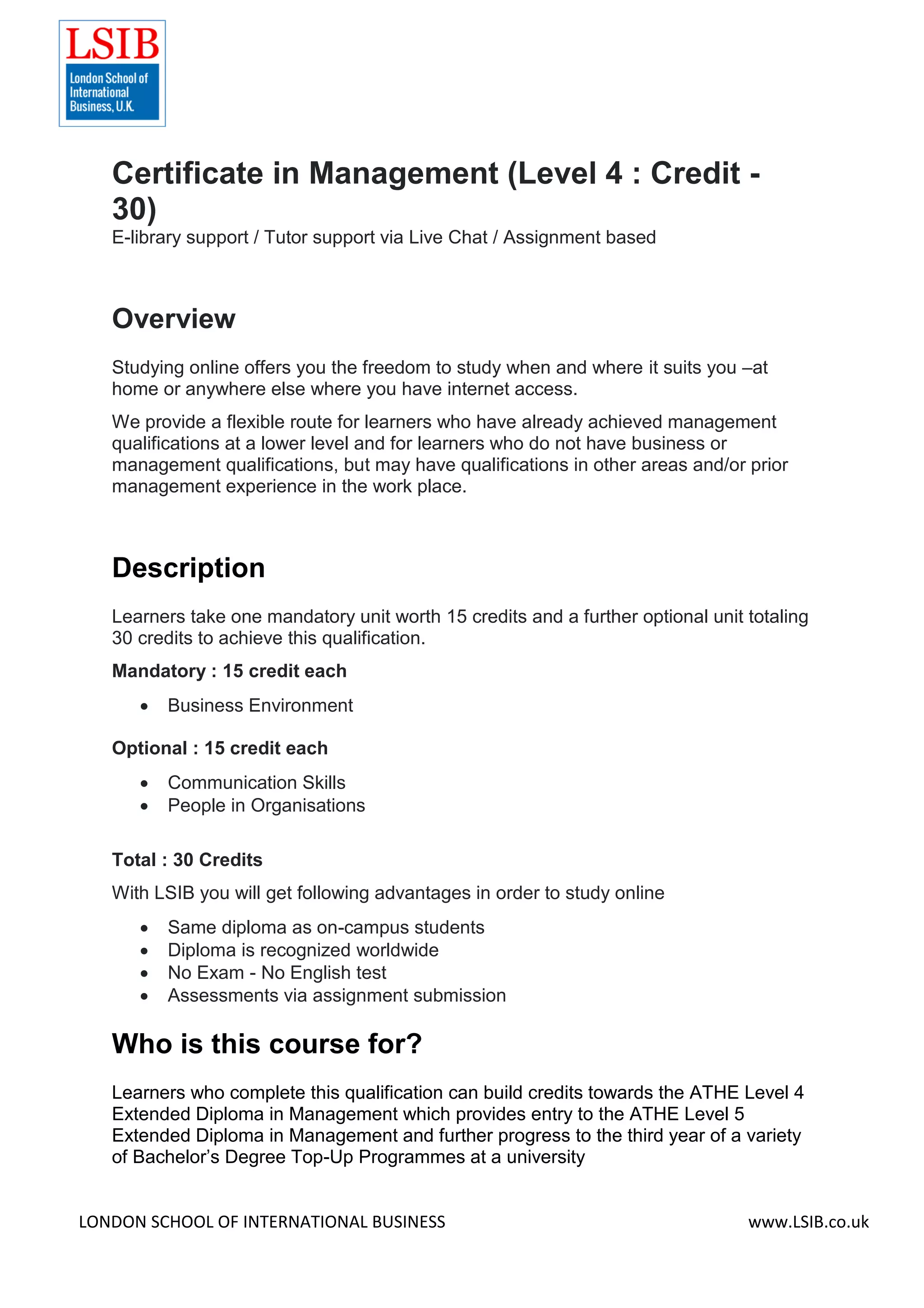 Certificate in Management (Level 4 : Credit - 30) | PDF